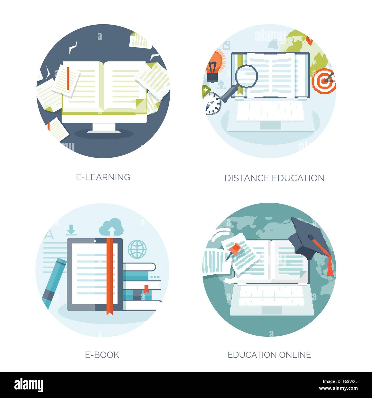 Vector illustration. Flat backgrounds set. Distance education ,learning. Online courses , web ...