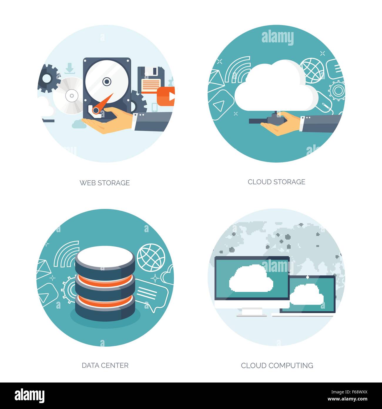 Vector illustration. Flat cloud computing background. Data storage ...