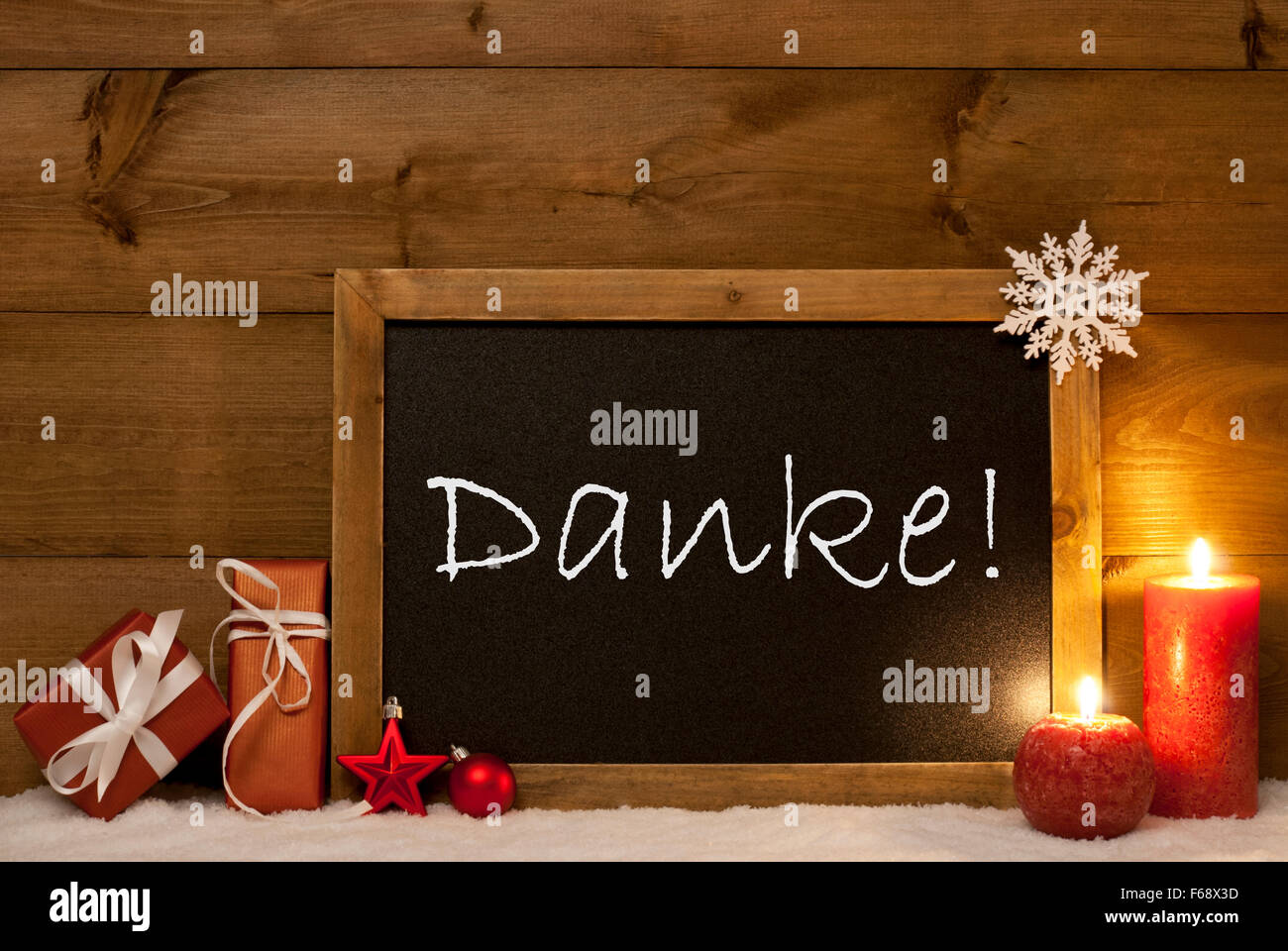 Festive Christmas Card, Blackboard, Snow, Danke Mean Thank You Stock ...