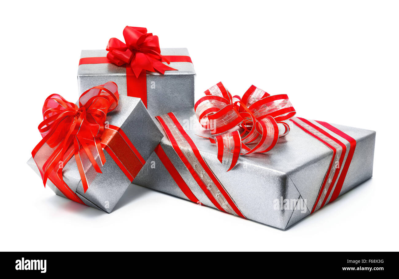 Three silver gift boxes with red ribbon and nice fancy bows, studio ...