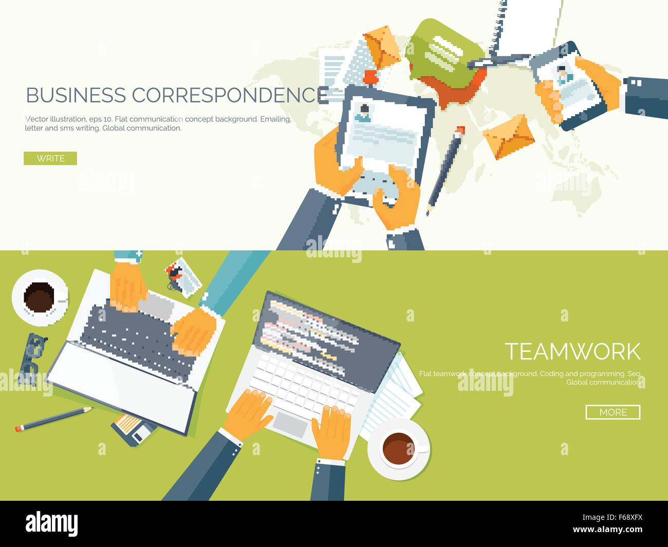 Flat vector illustration backgrounds set. Business correspondence ...