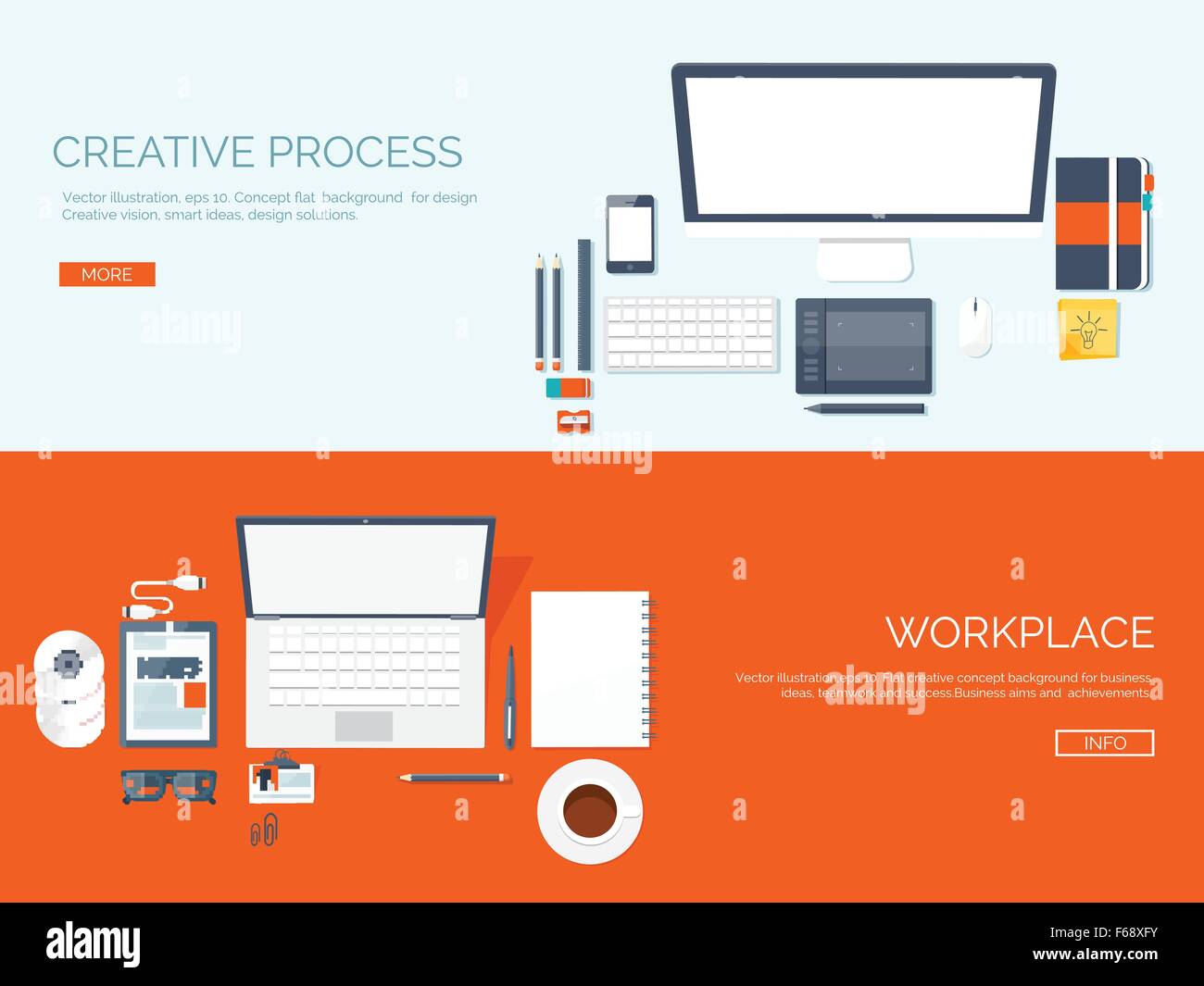 Flat vector illustration backgrounds set. Workplace. Programming ...
