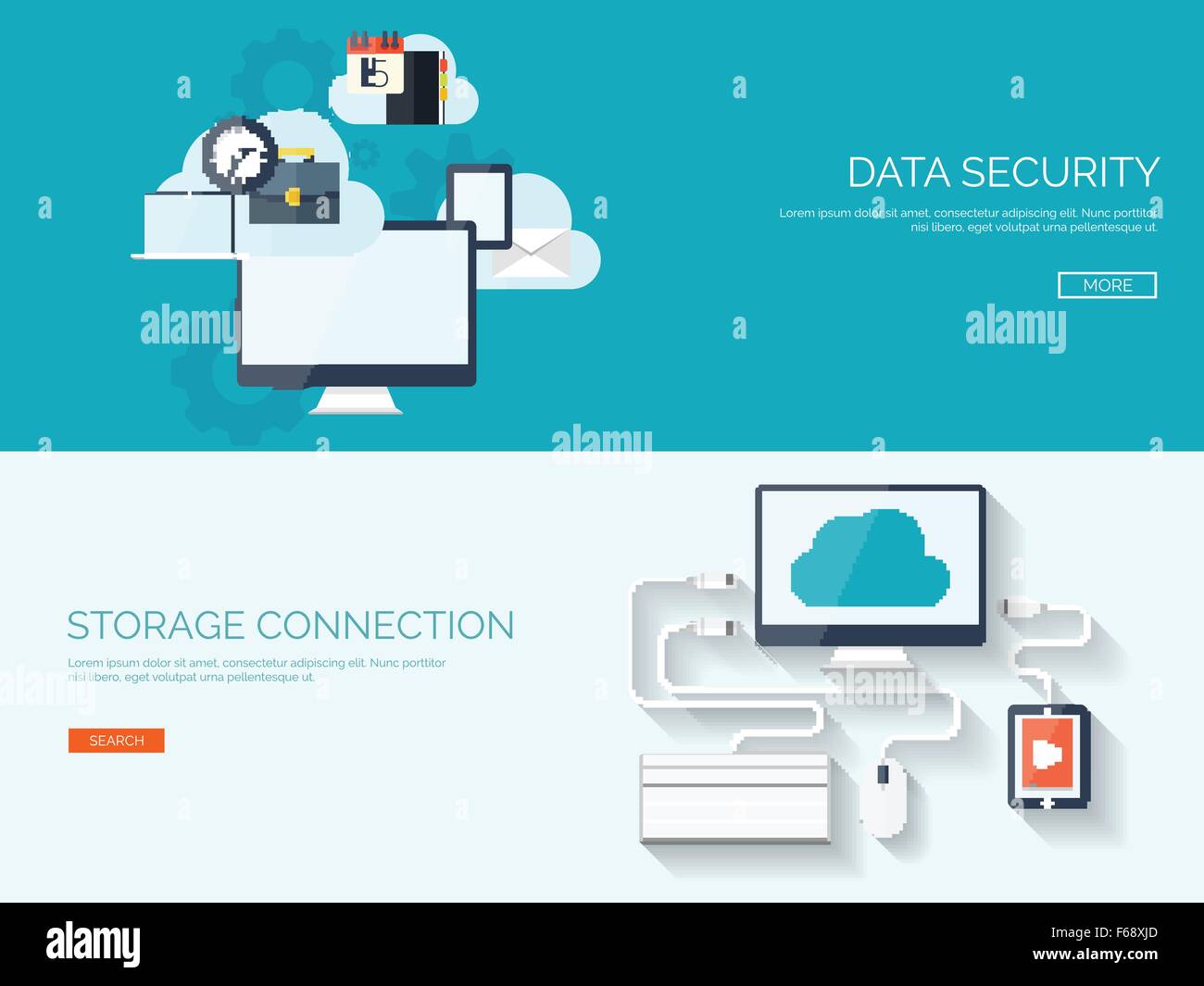 Vector illustration. Flat cloud computing background. Data storage network technology ...