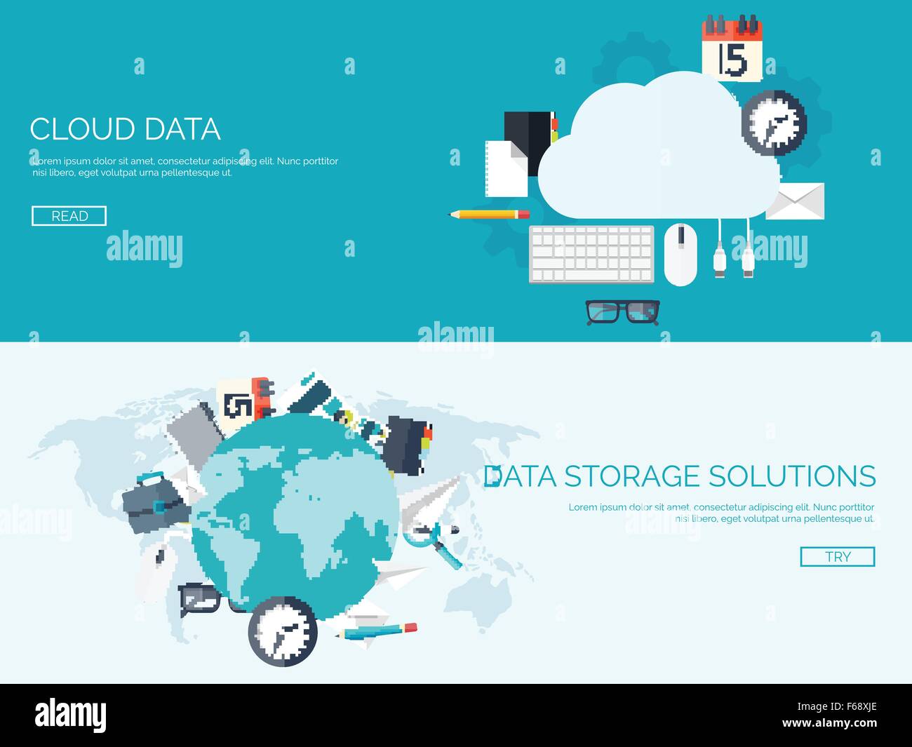 Vector illustration. Flat cloud computing background. Data storage ...
