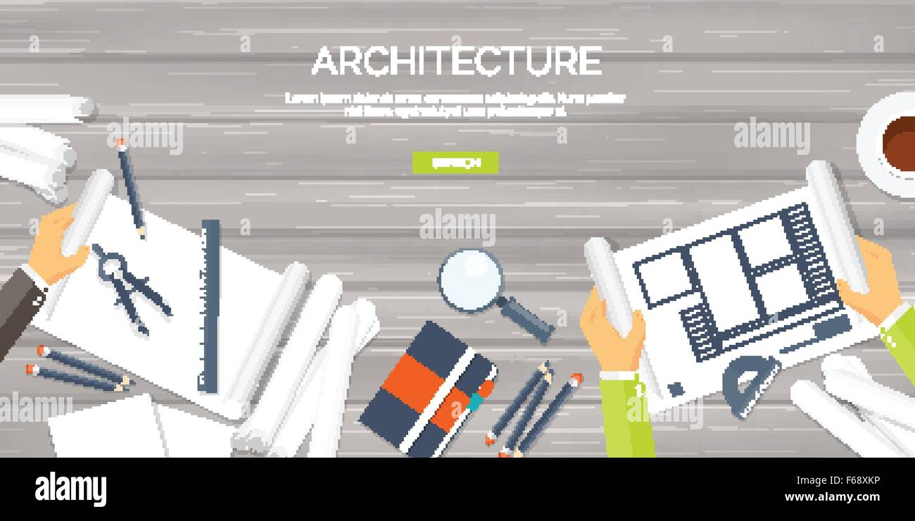 Vector illustration. Flat architectural project. Teamwork. Building and ...