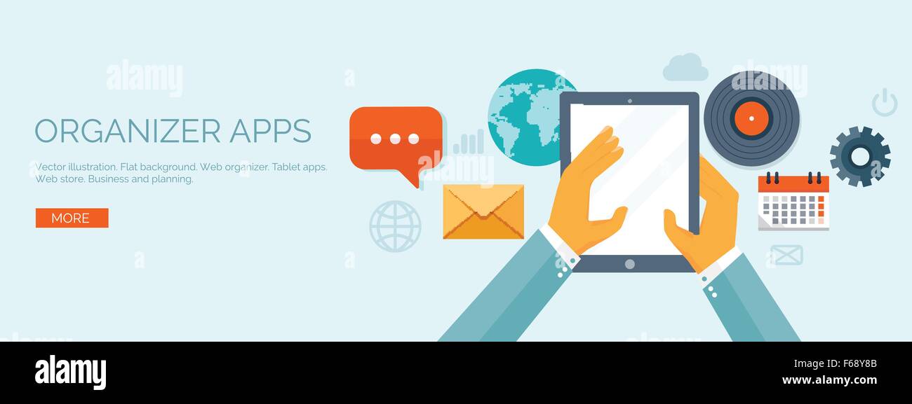 Vector illustration. Flat background. Tablet. Organizer applications ...