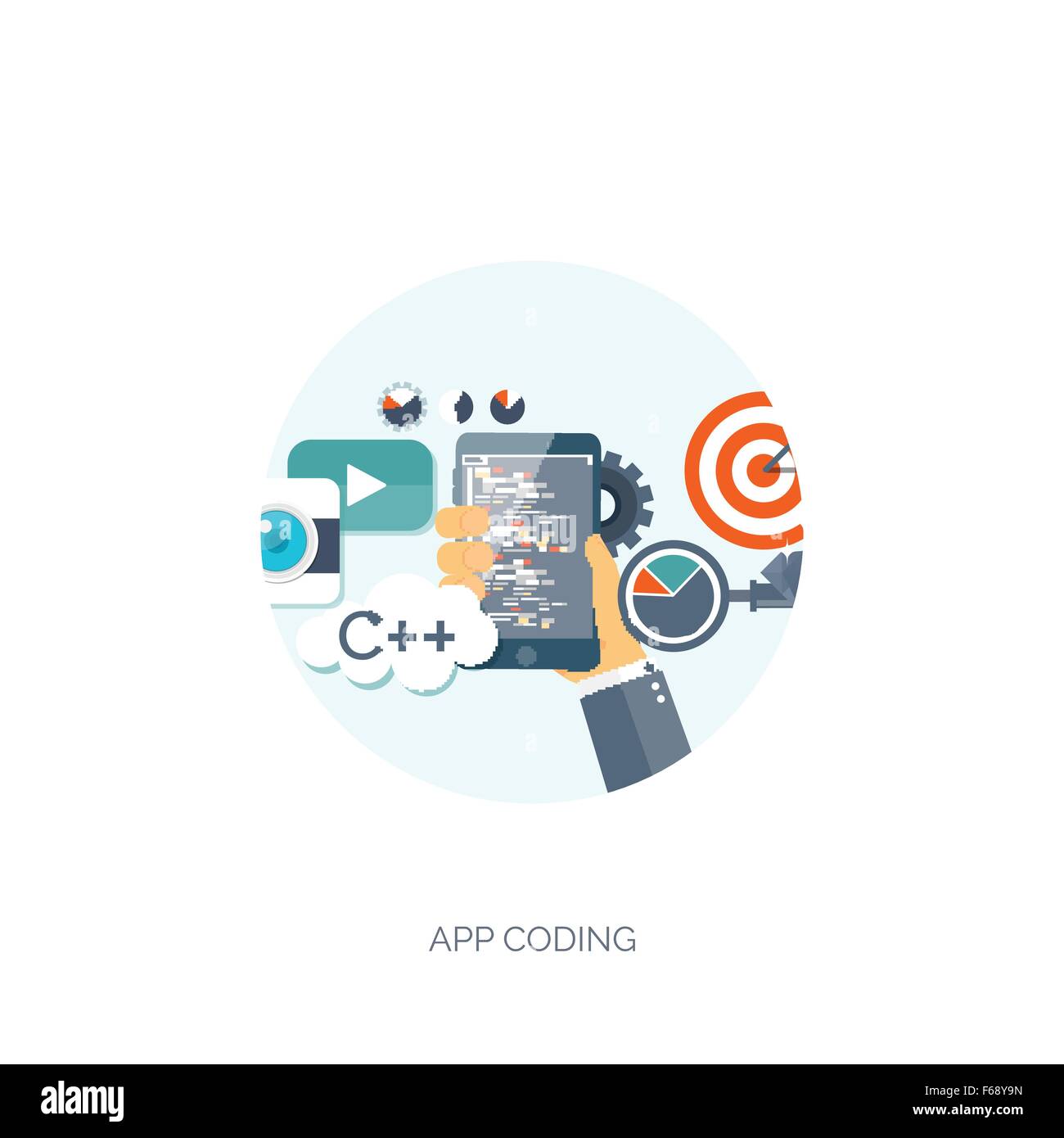 Vector illustration. Flat background. Coding, programming. SEO. Search engine optimization. App ...
