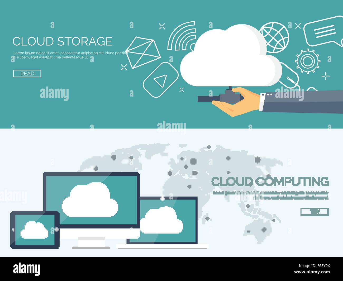 Vector illustration. Flat cloud computing background. Data storage network technology ...