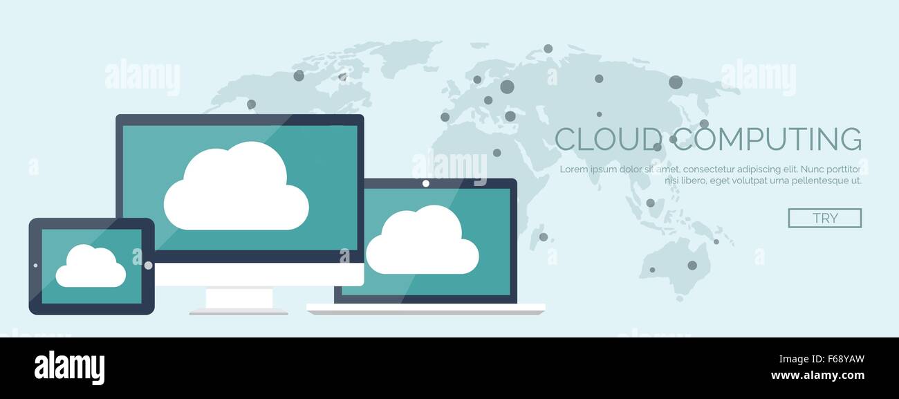 Vector illustration. Flat cloud computing background. Data storage network technology ...