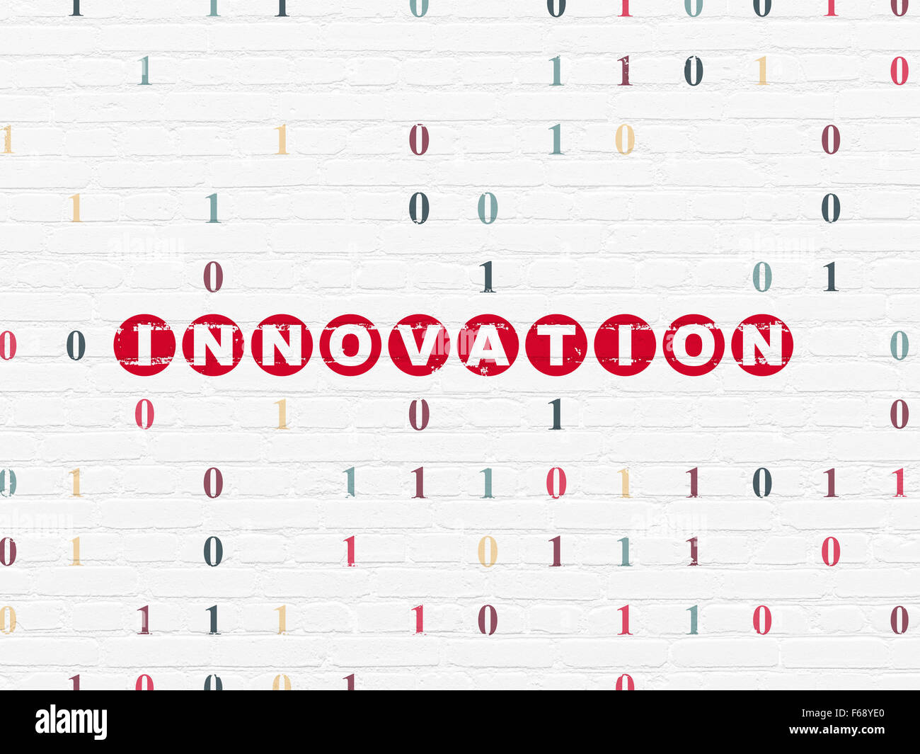 Business concept: Painted red text Innovation on White Brick wall background with Binary Code ...