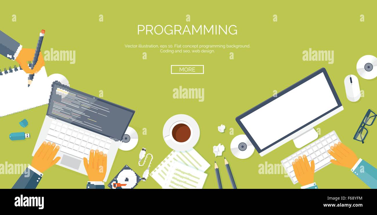 Vector illustration. Flat background. Coding, programming. SEO. Search ...