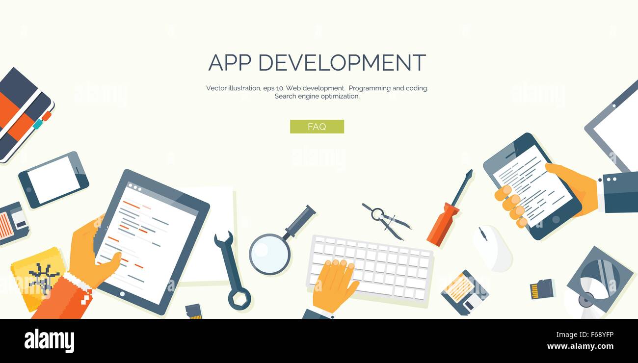 Vector illustration. Flat background. Coding, programming. SEO. Search ...