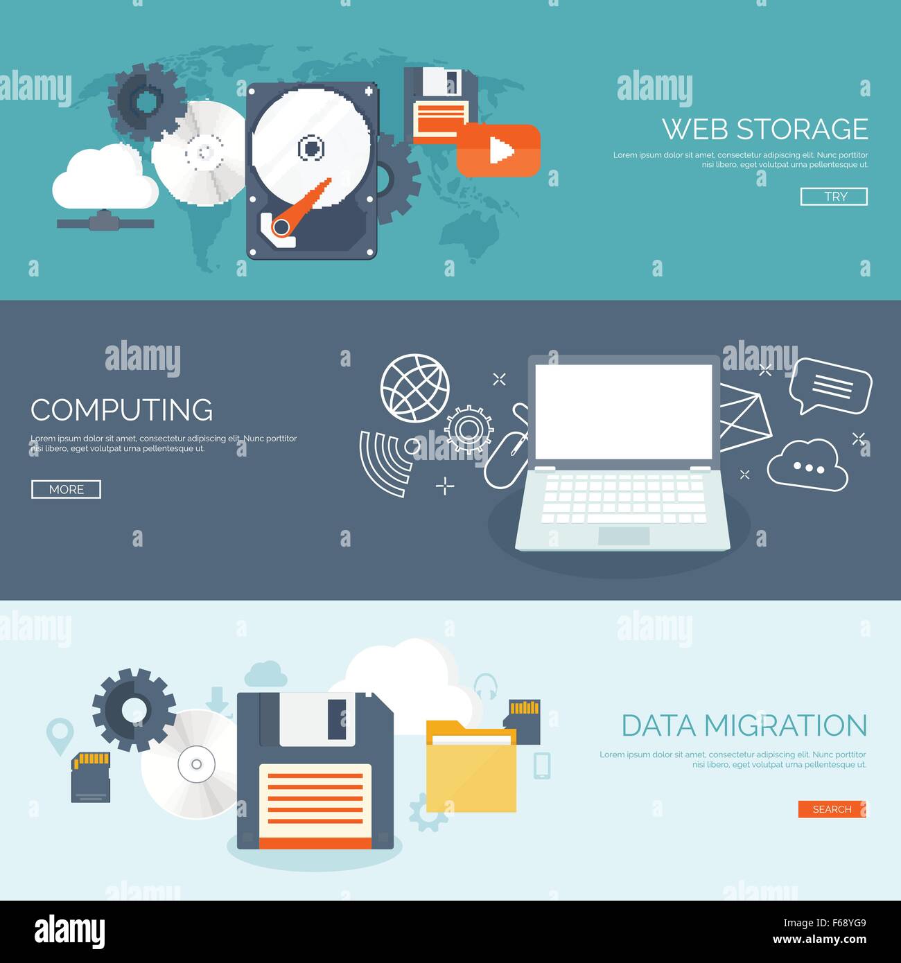 Vector illustration. Flat cloud computing background. Data storage network technology ...
