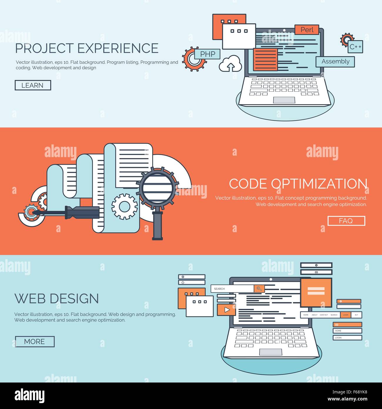 Vector illustration. Flat background. Coding, programming. SEO. Search engine optimization. App ...