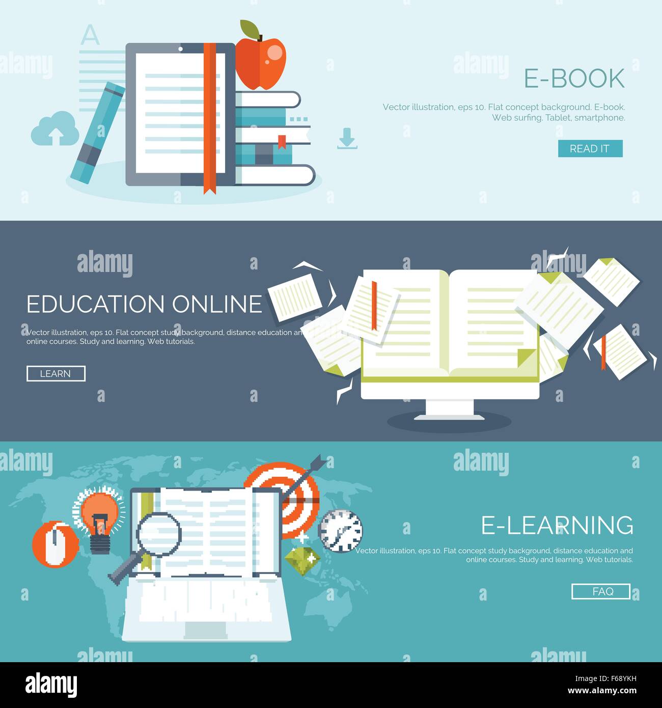 Vector illustration. Flat backgrounds set. Distance education ,learning ...