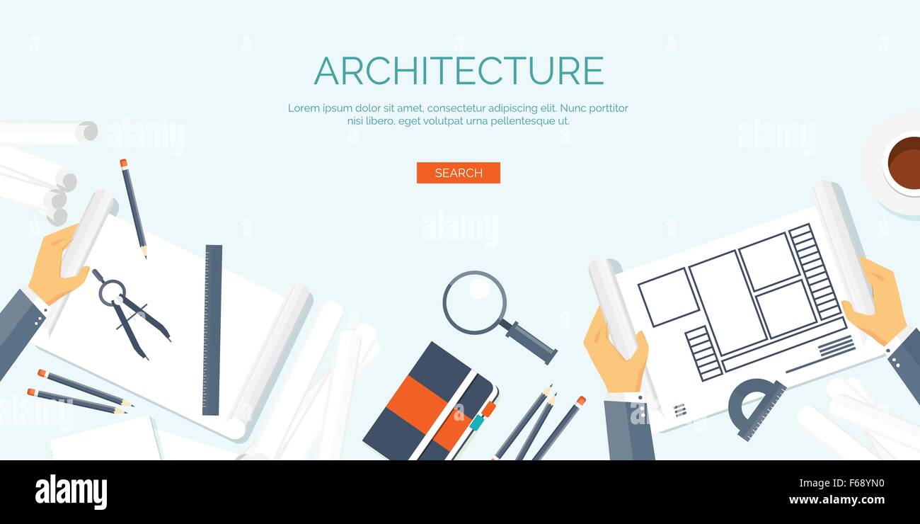 Vector illustration. Flat architectural project. Teamwork. Building and ...