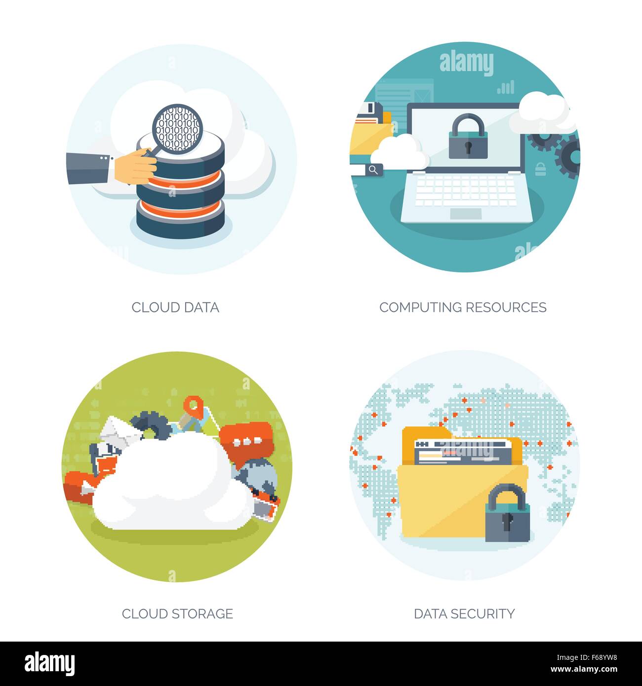 Vector illustration. Flat cloud computing background. Data storage ...