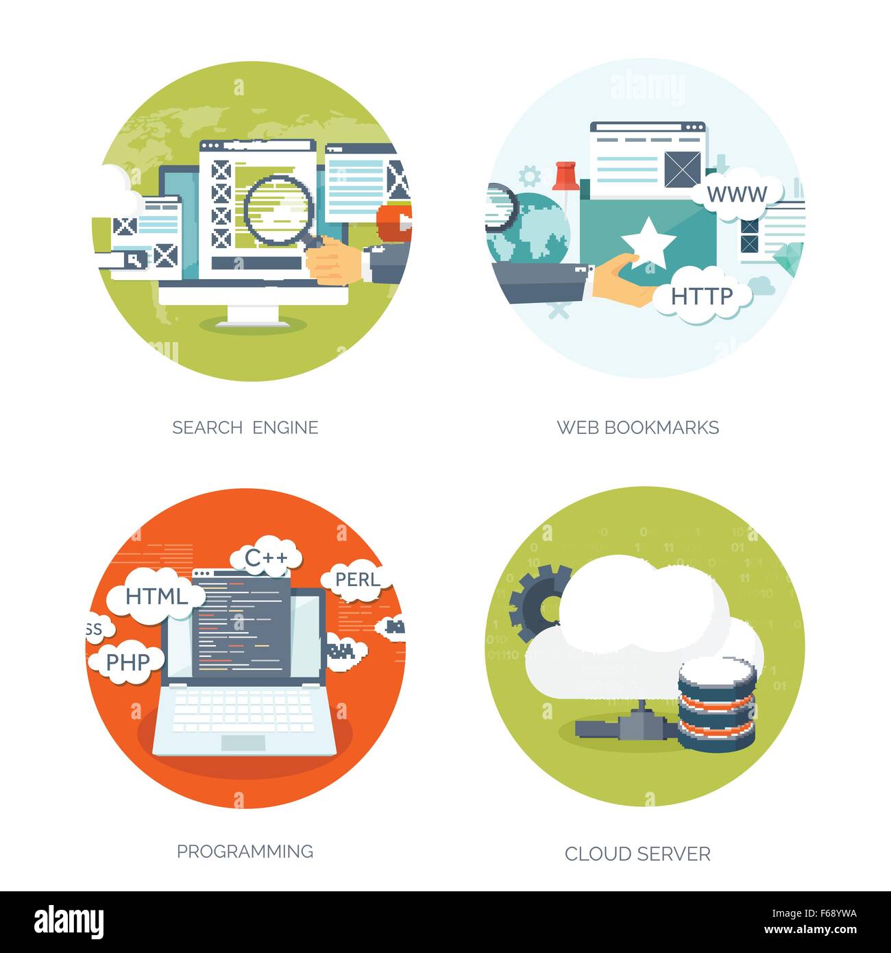 Vector illustration. Flat background. Coding, programming. SEO. Search engine optimization. App ...