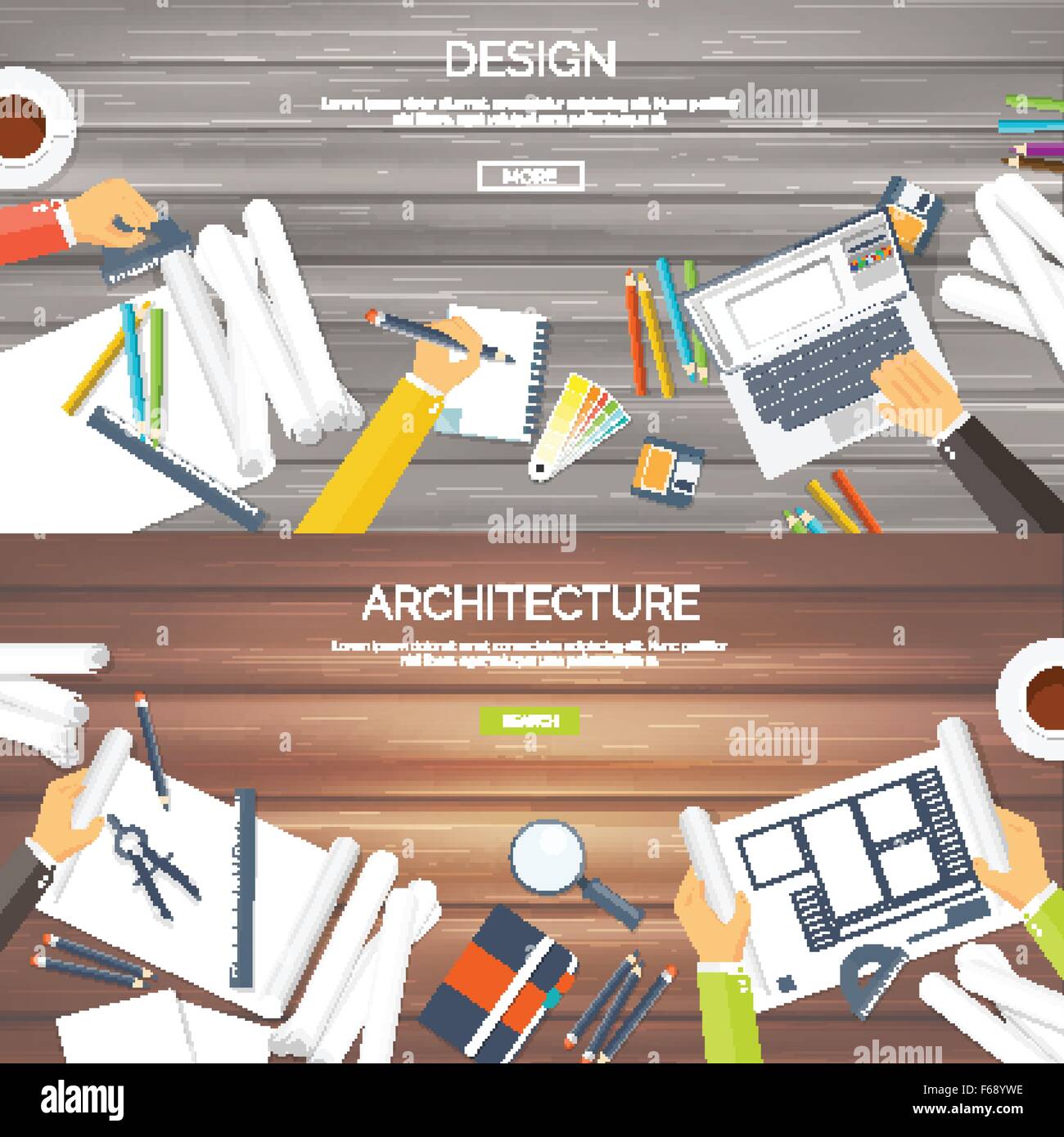 Vector illustration. Flat architectural project. Teamwork. Building and ...