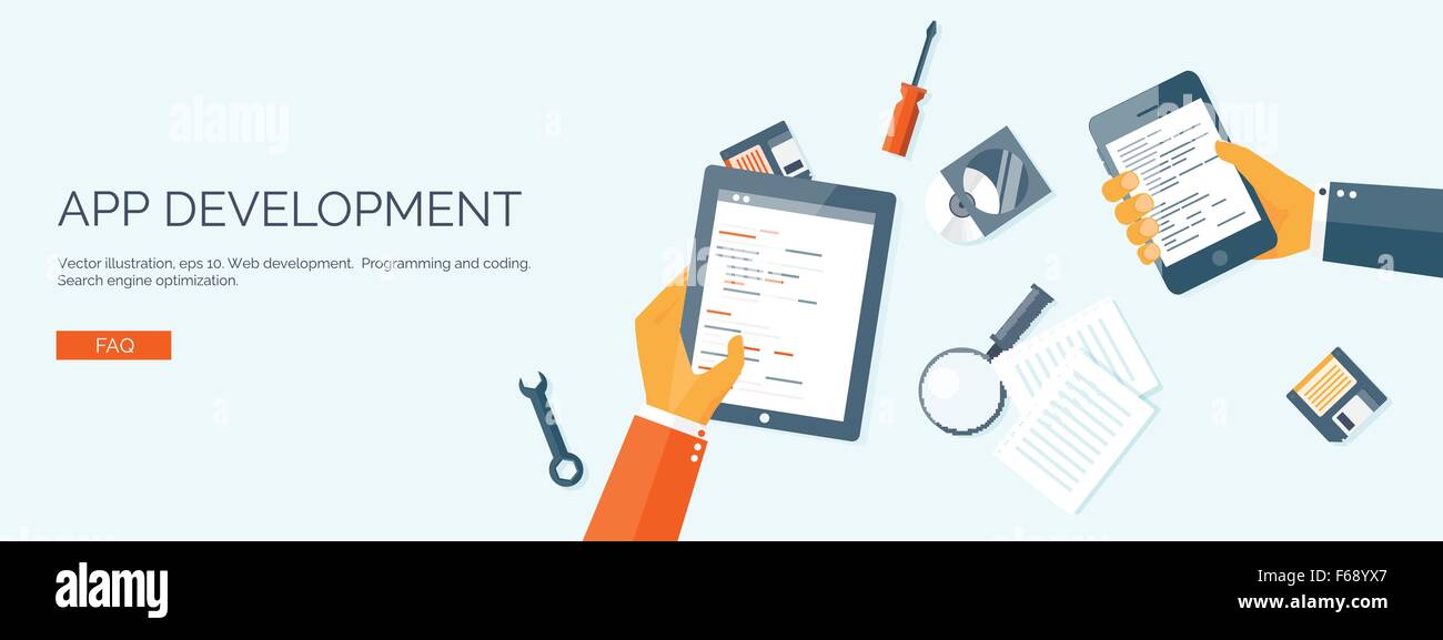 Vector illustration. Flat background. Coding, programming. SEO. Search engine optimization. App ...