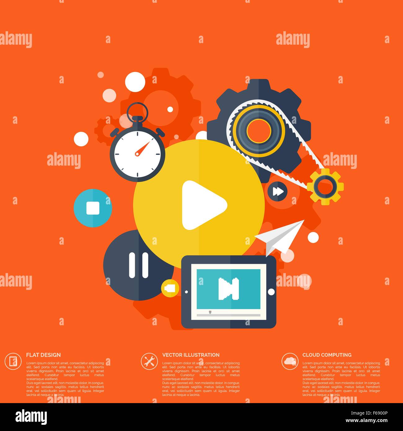 Flat cloud computing background with media icons. Data storage network technology. Multimedia ...