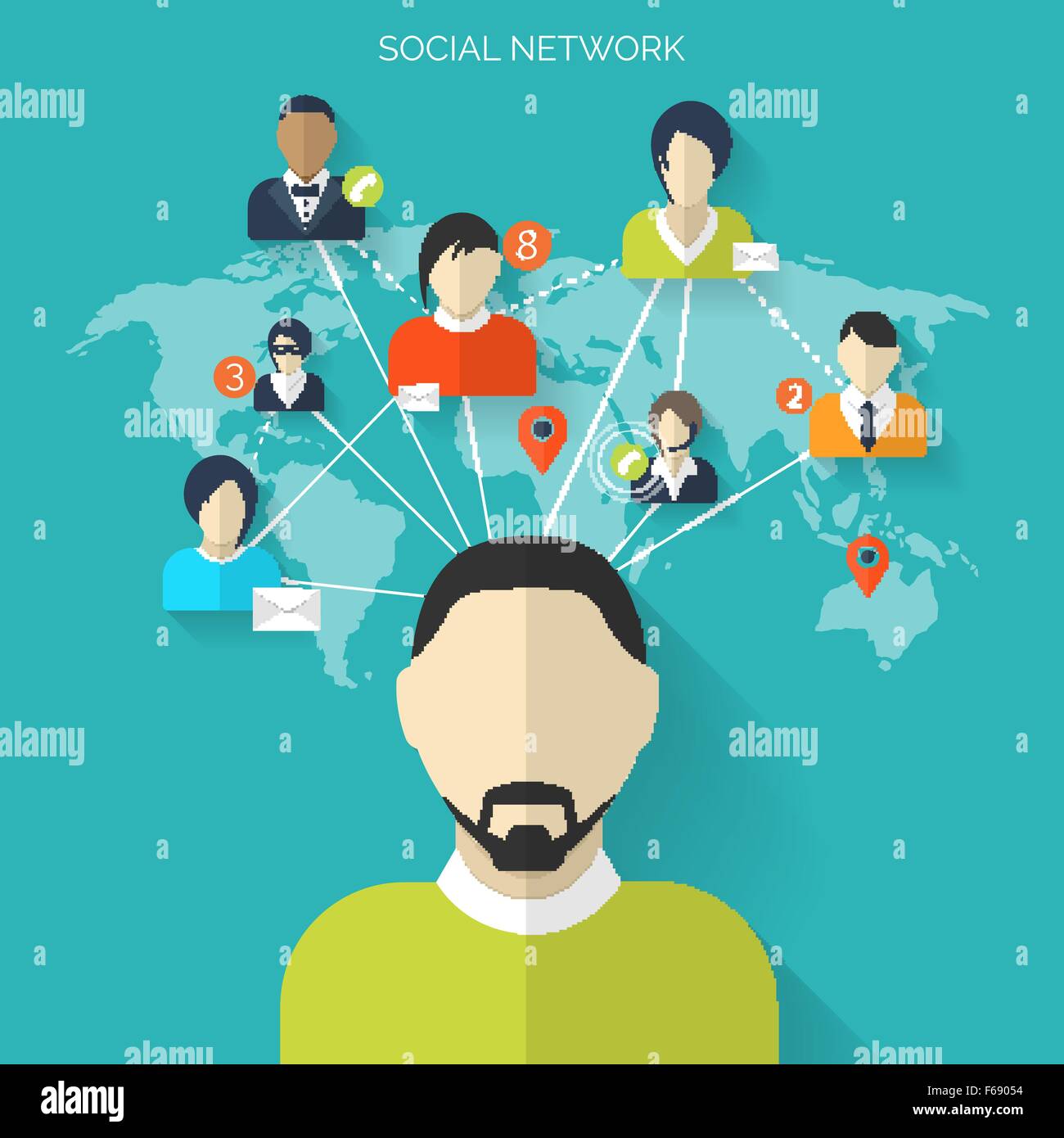 Flat social media and network concept. Business background, global ...