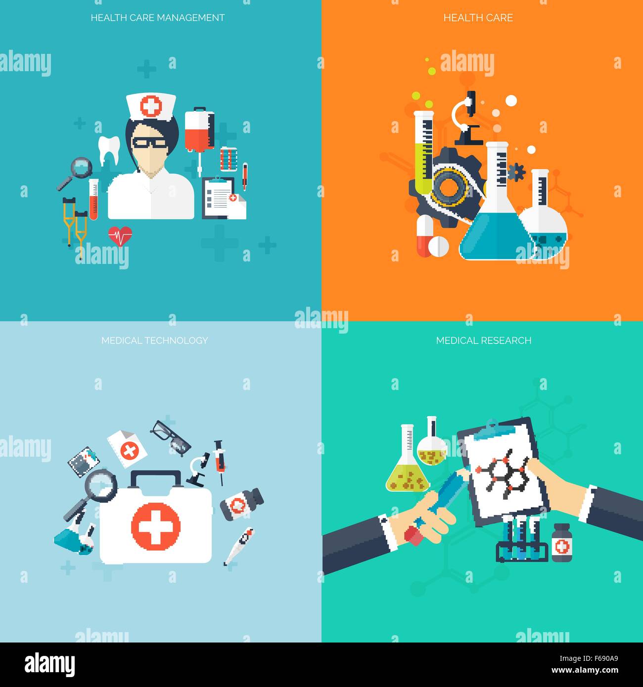 Flat health care and medical research background. Healthcare system ...