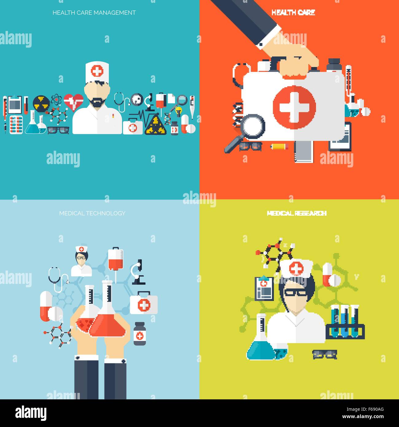 Flat health care and medical research background. Healthcare system ...