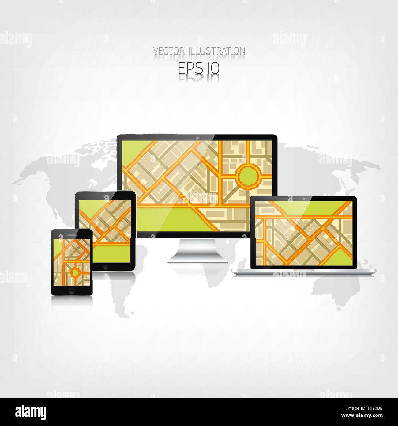 Navigation background with monitor, laptop, tablet, smartphone and map.Responsive web design ...