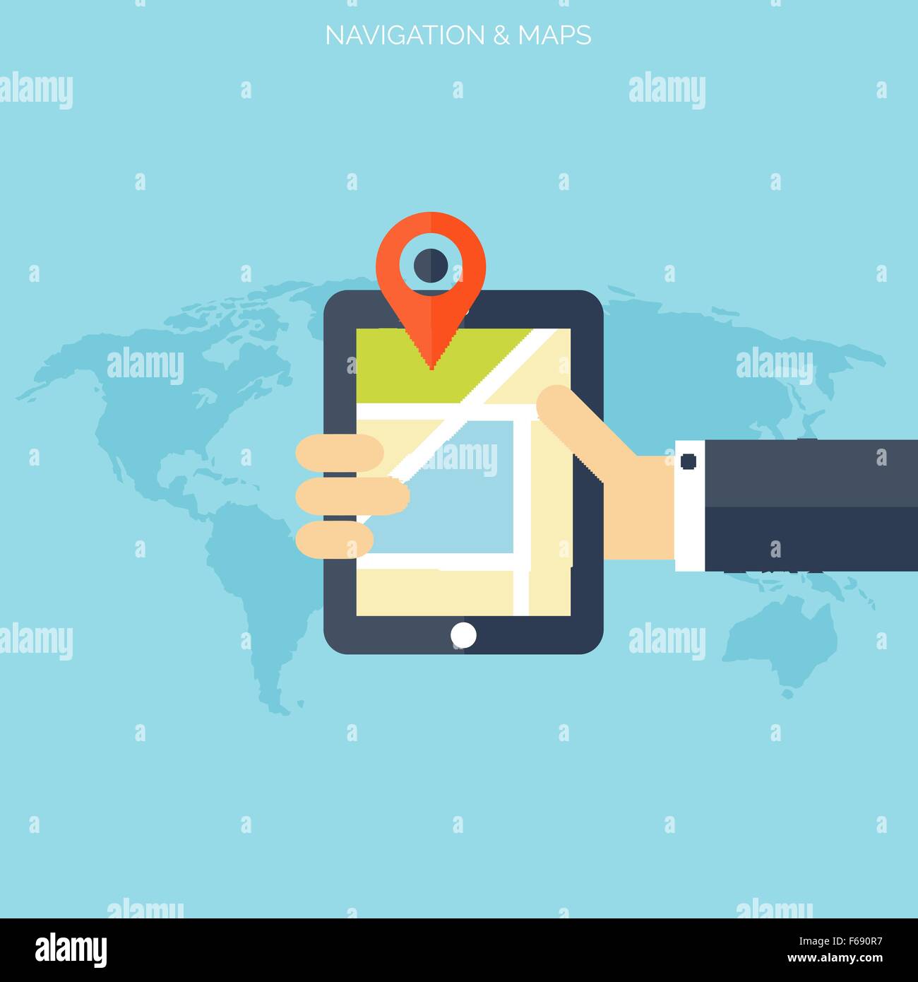 Flat navigation background with maps and digital devices. Travel ...