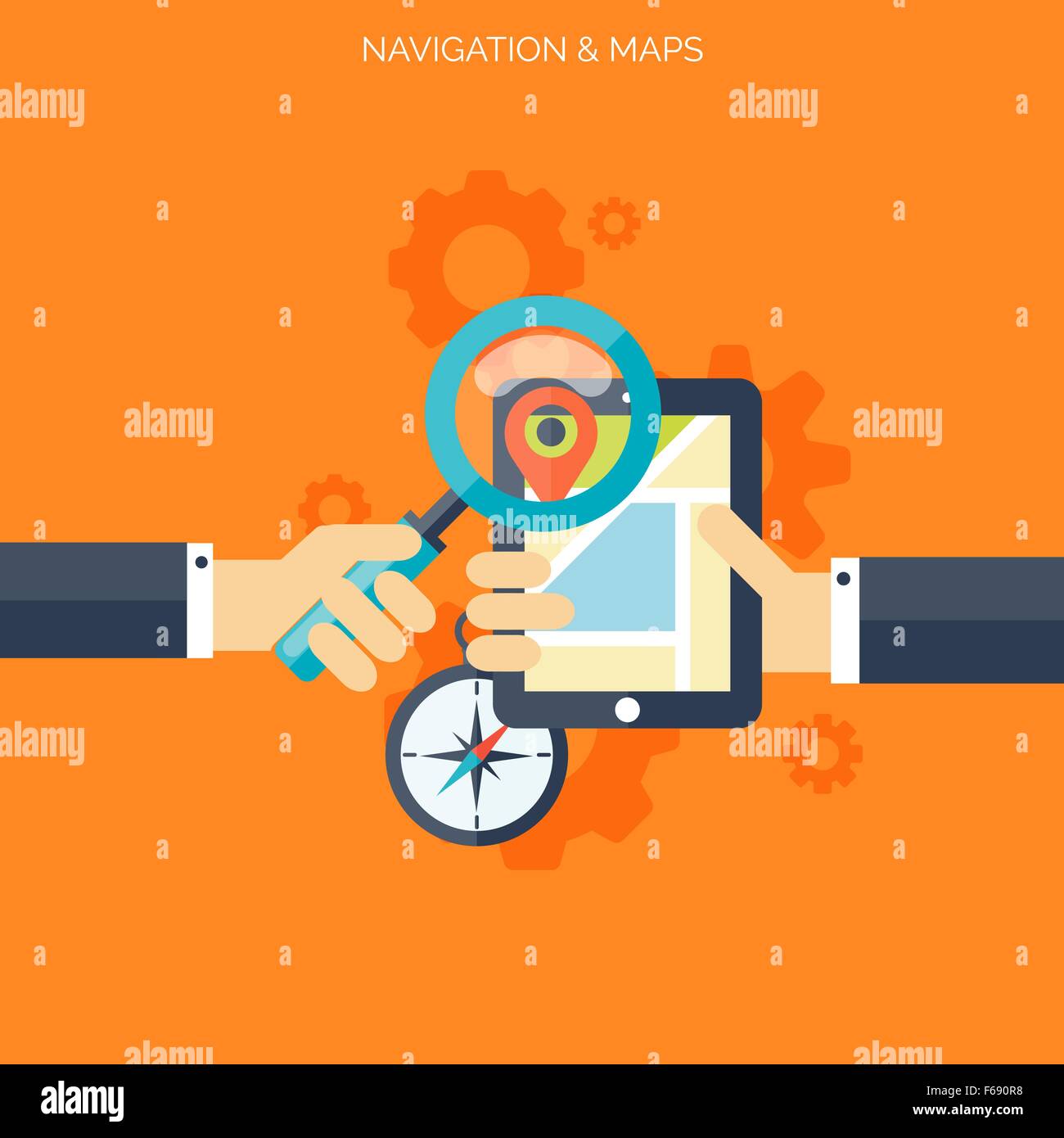 Flat navigation background with maps and digital devices. Travel ...