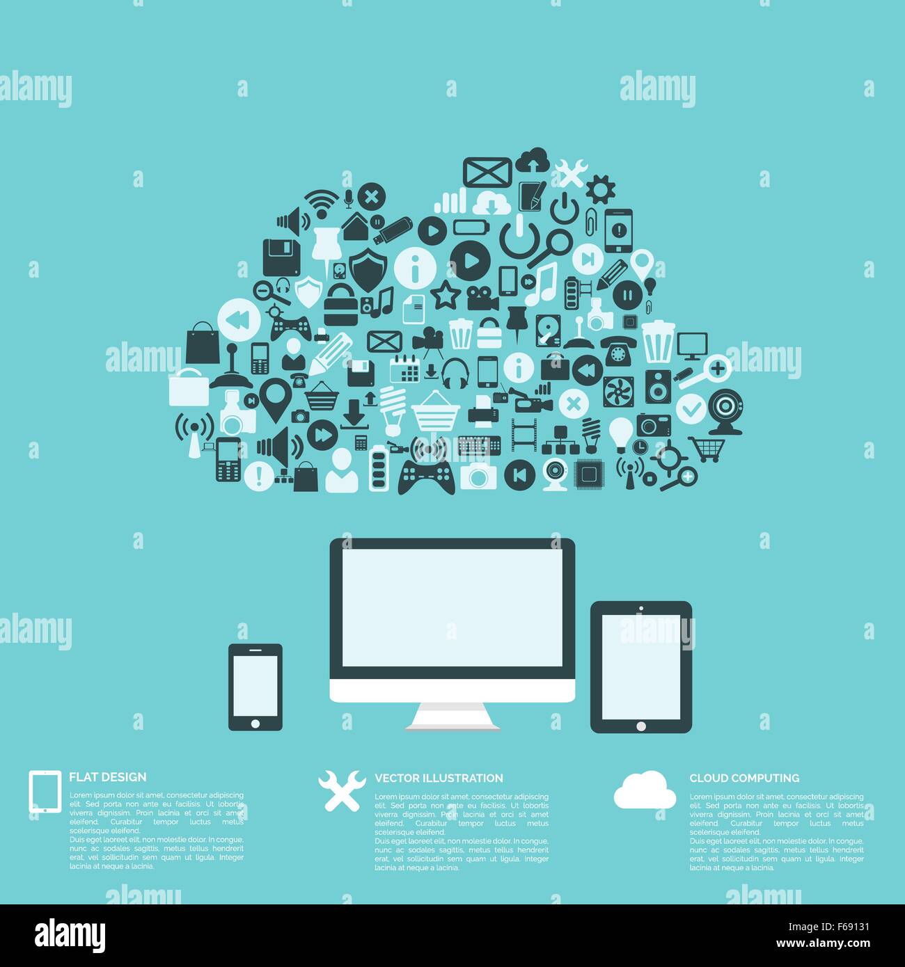 Flat abstract background with web icons. Interface symbols. Cloud computing. Mobile devices ...