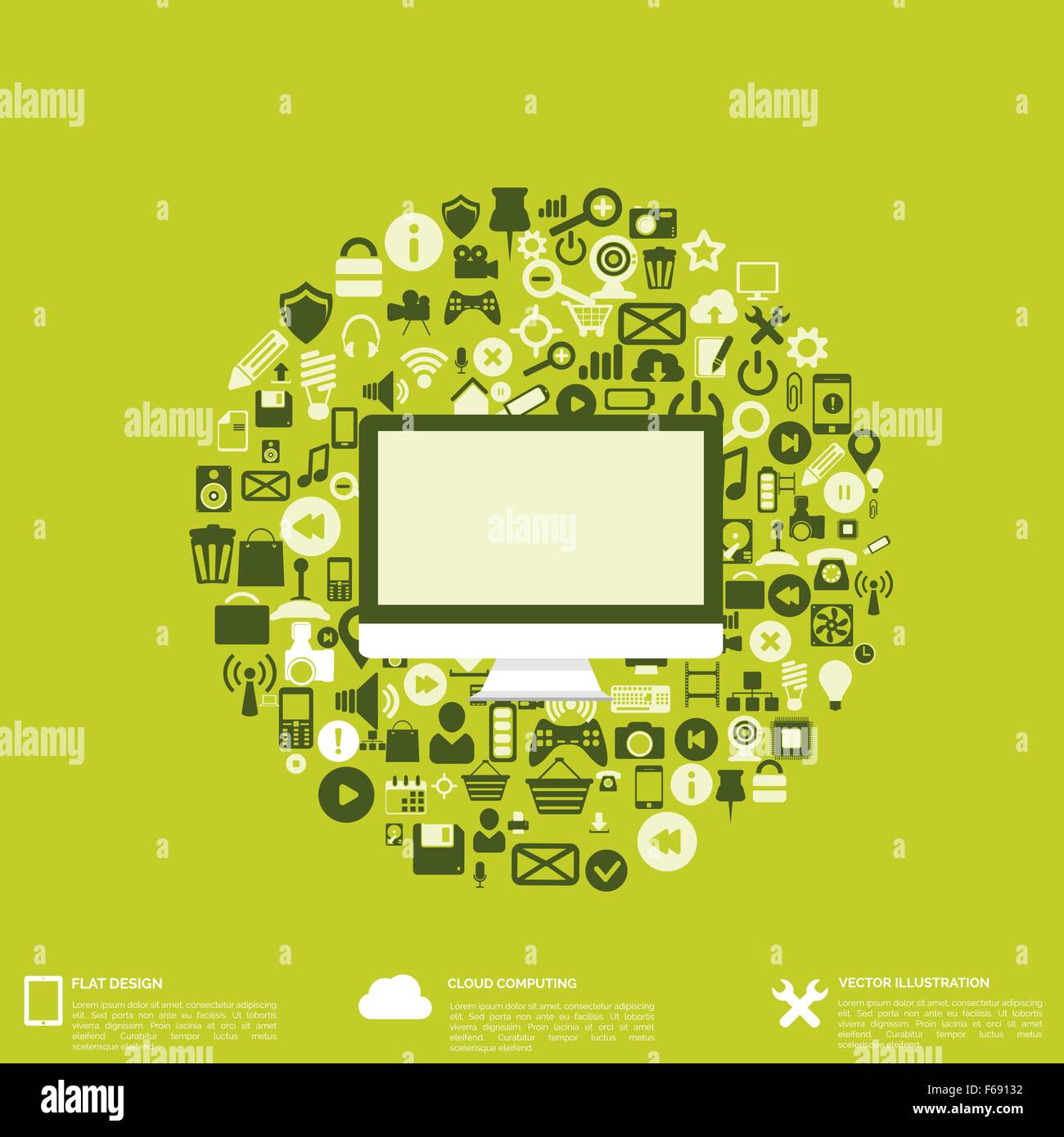 Flat abstract background with web icons. Interface symbols. Cloud computing. Mobile devices ...