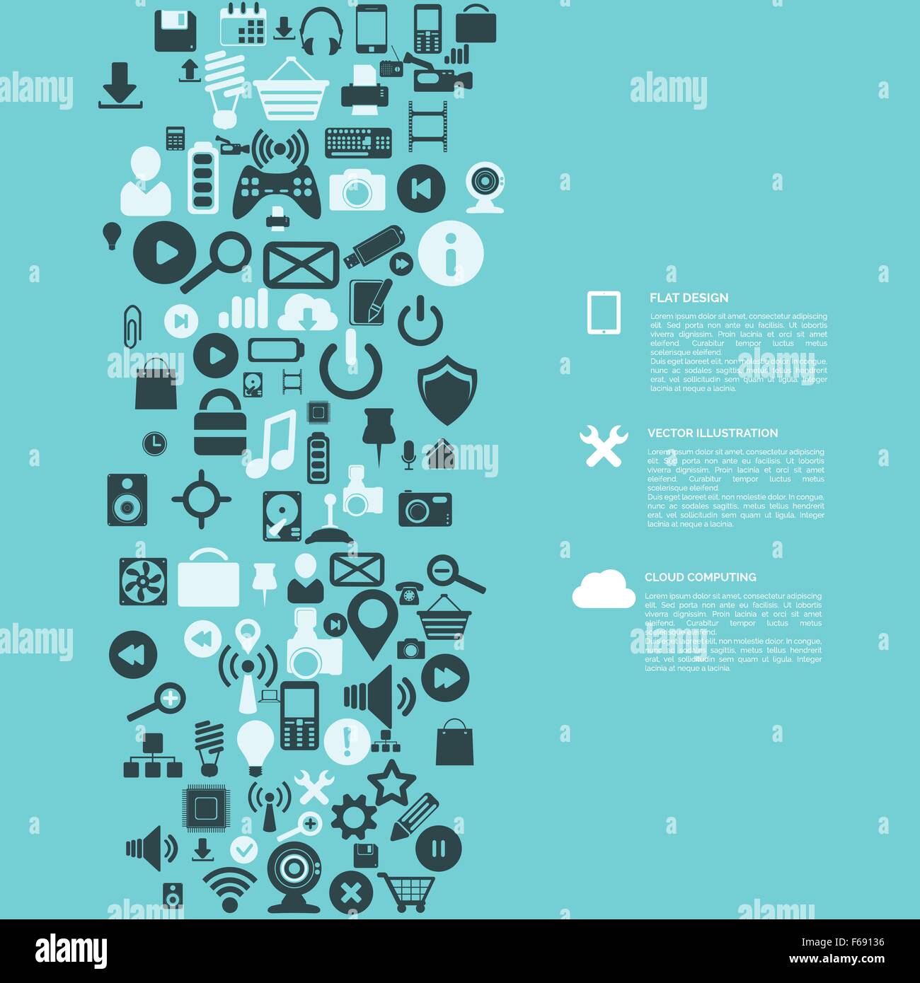 Flat abstract background with web icons. Interface symbols. Cloud computing. Mobile devices ...