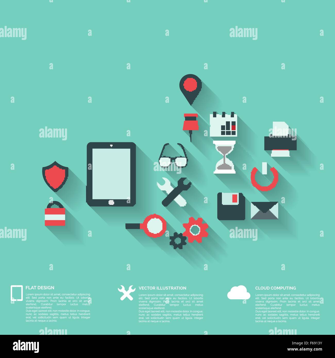 Flat abstract background with web icons. Interface symbols. Cloud computing. Mobile devices ...