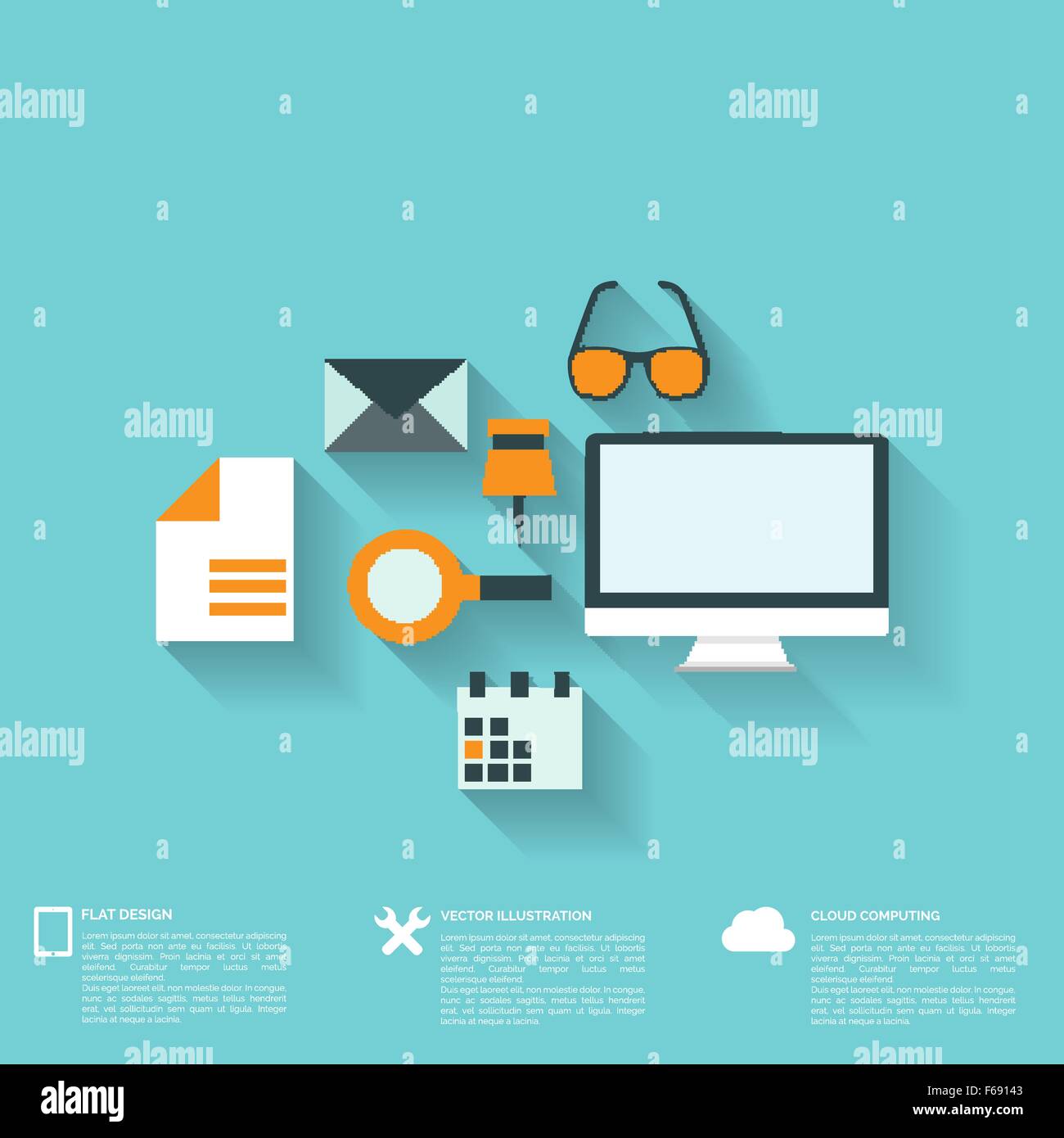 Flat abstract background with web icons. Interface symbols. Cloud computing. Mobile devices ...