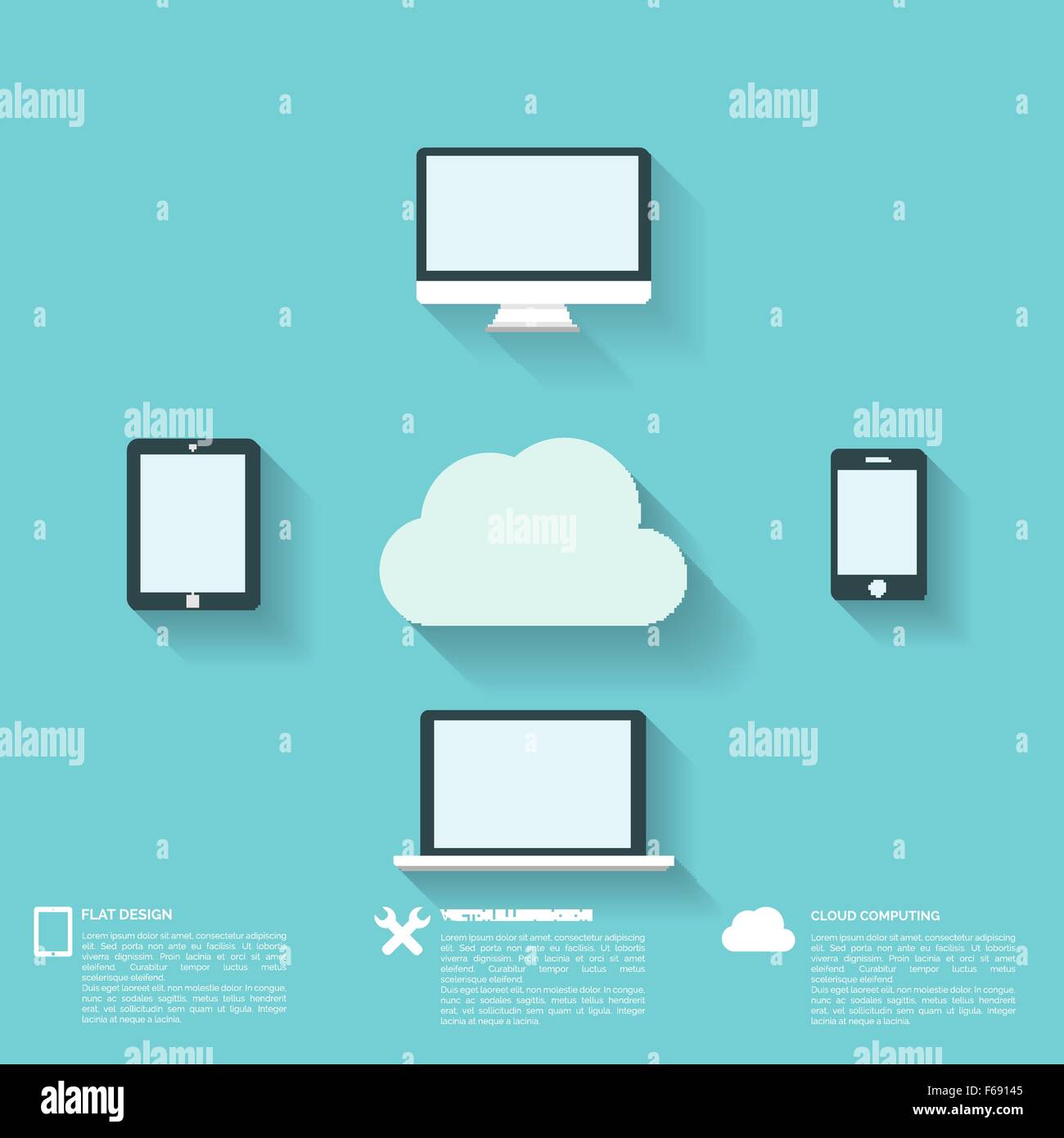 Flat abstract background with web icons. Interface symbols. Cloud computing. Mobile devices ...