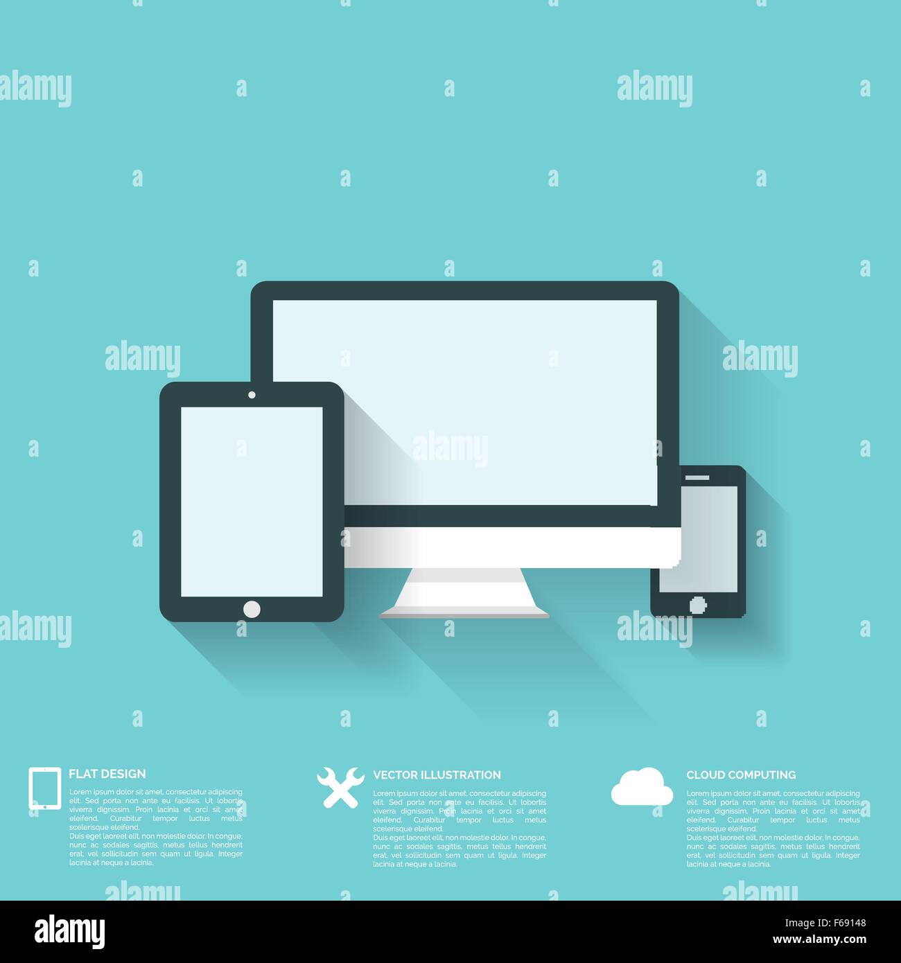 Flat abstract background with web icons. Interface symbols. Cloud computing. Mobile devices ...