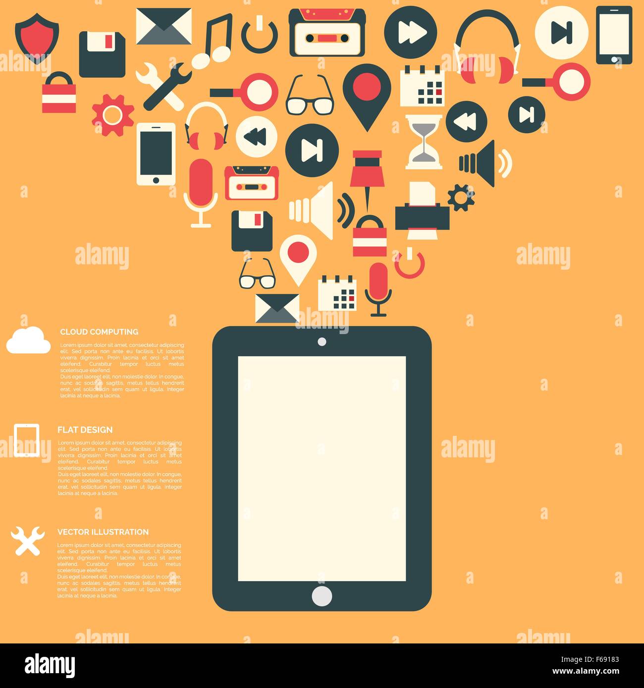 Flat abstract background with web icons. Interface symbols. Cloud computing. Mobile devices ...