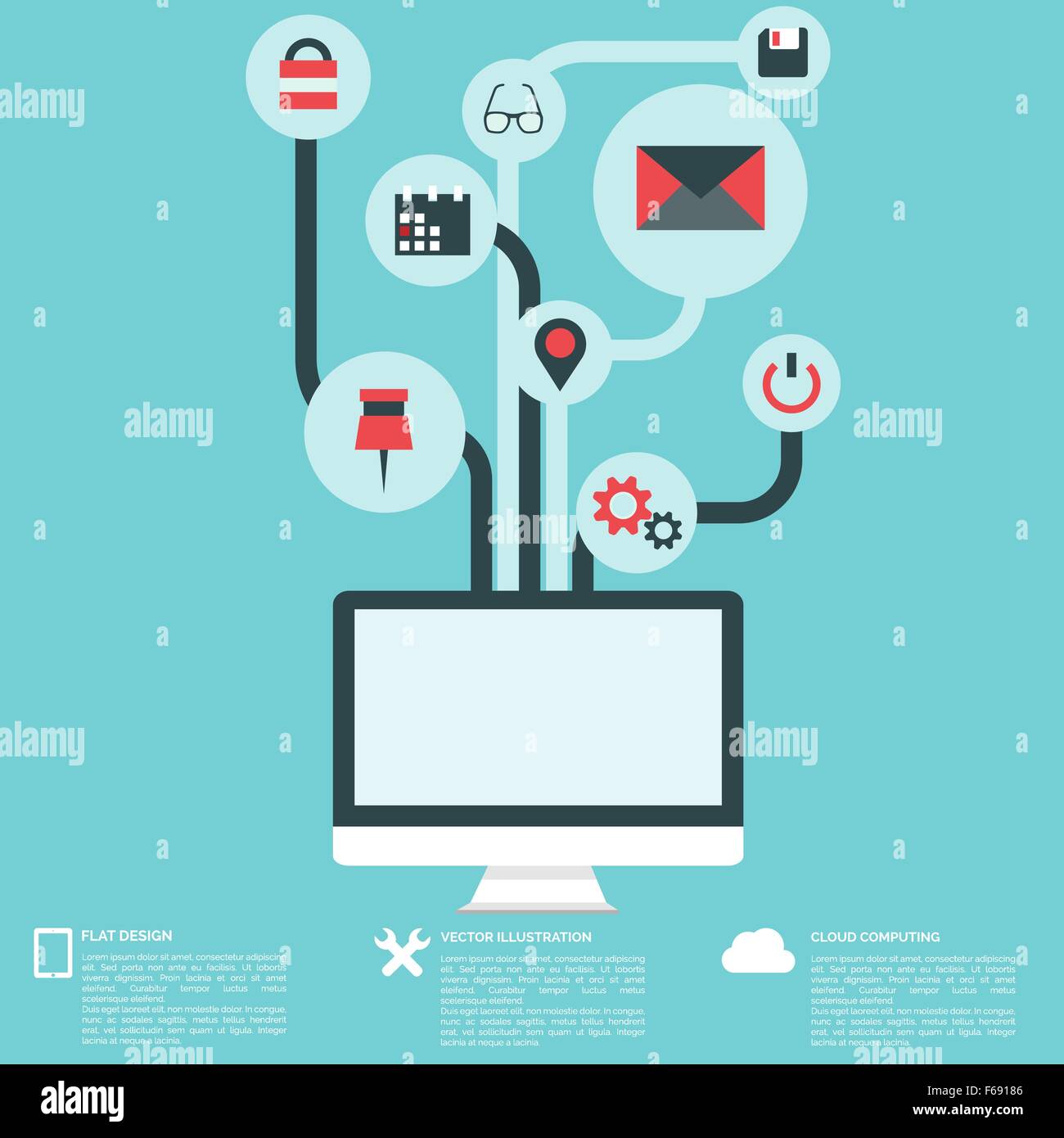 Flat abstract background with web icons. Interface symbols. Cloud computing. Mobile devices ...