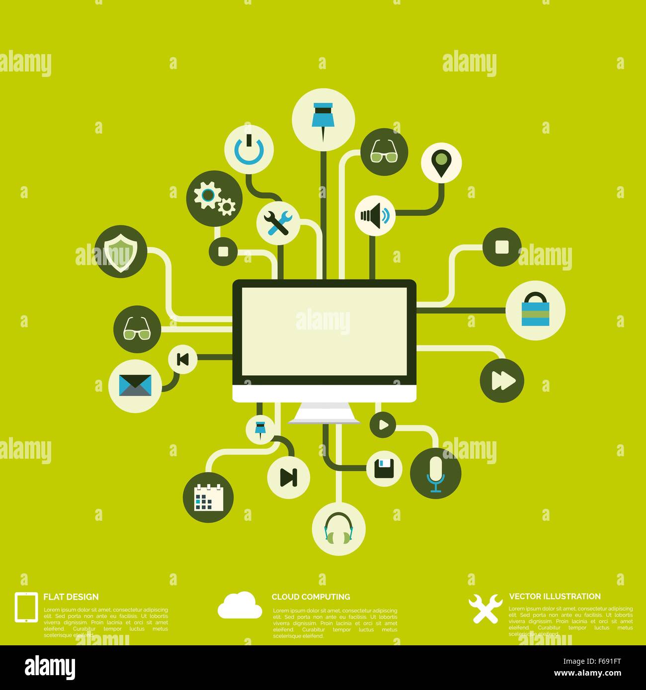 Flat abstract background with web icons. Interface symbols. Cloud computing. Mobile devices ...