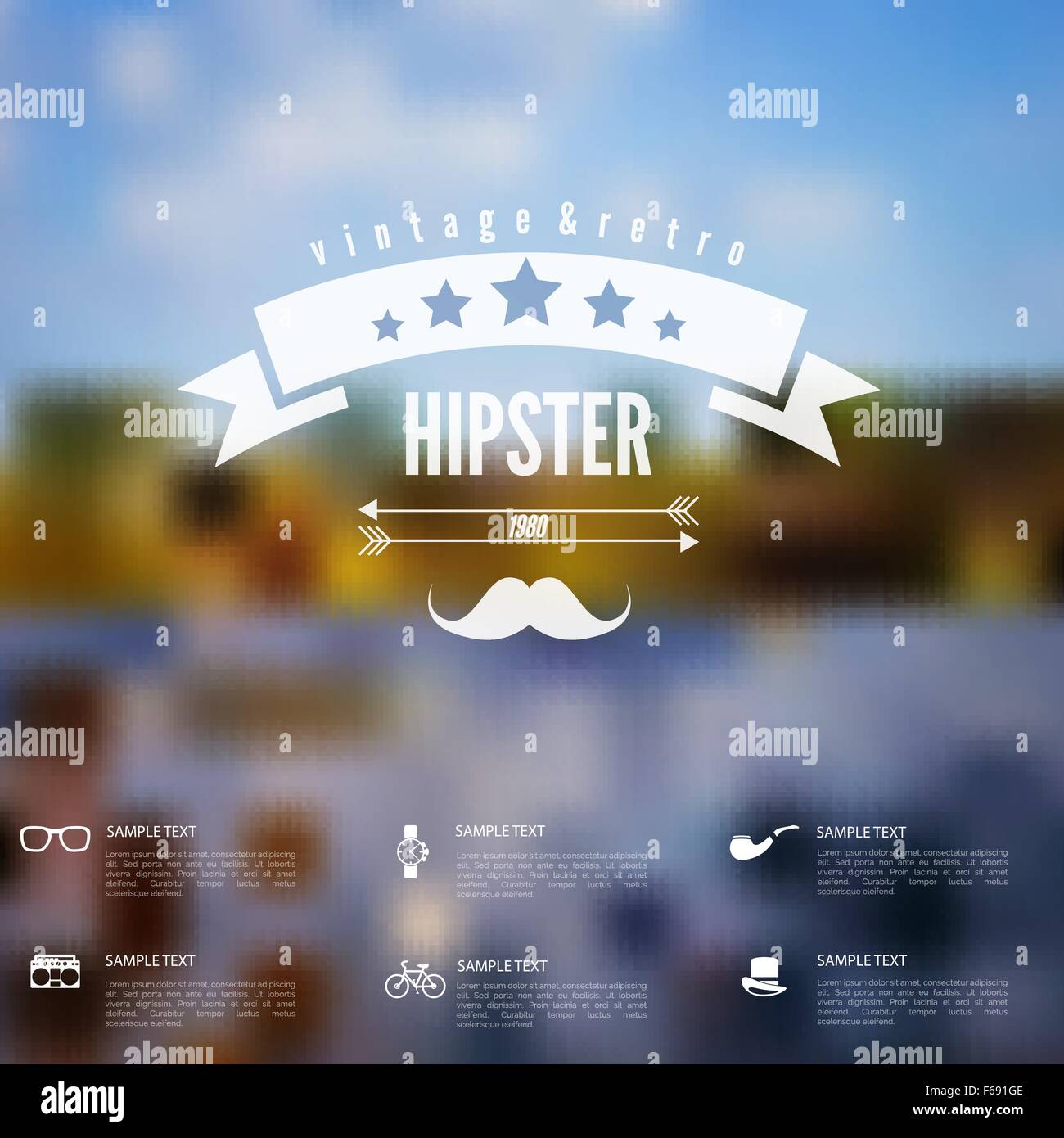 Abstract defocused, blurred landscape background with hipster sign ...