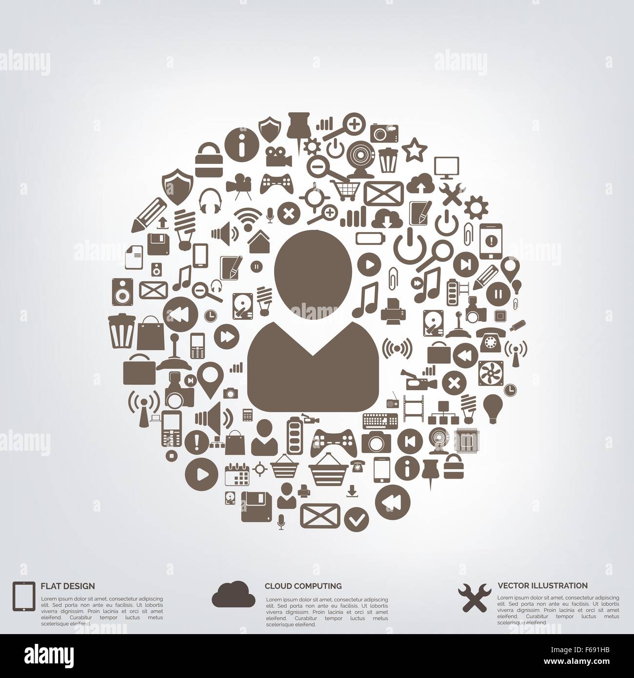 Flat abstract background with web icons. Interface symbols. Cloud ...
