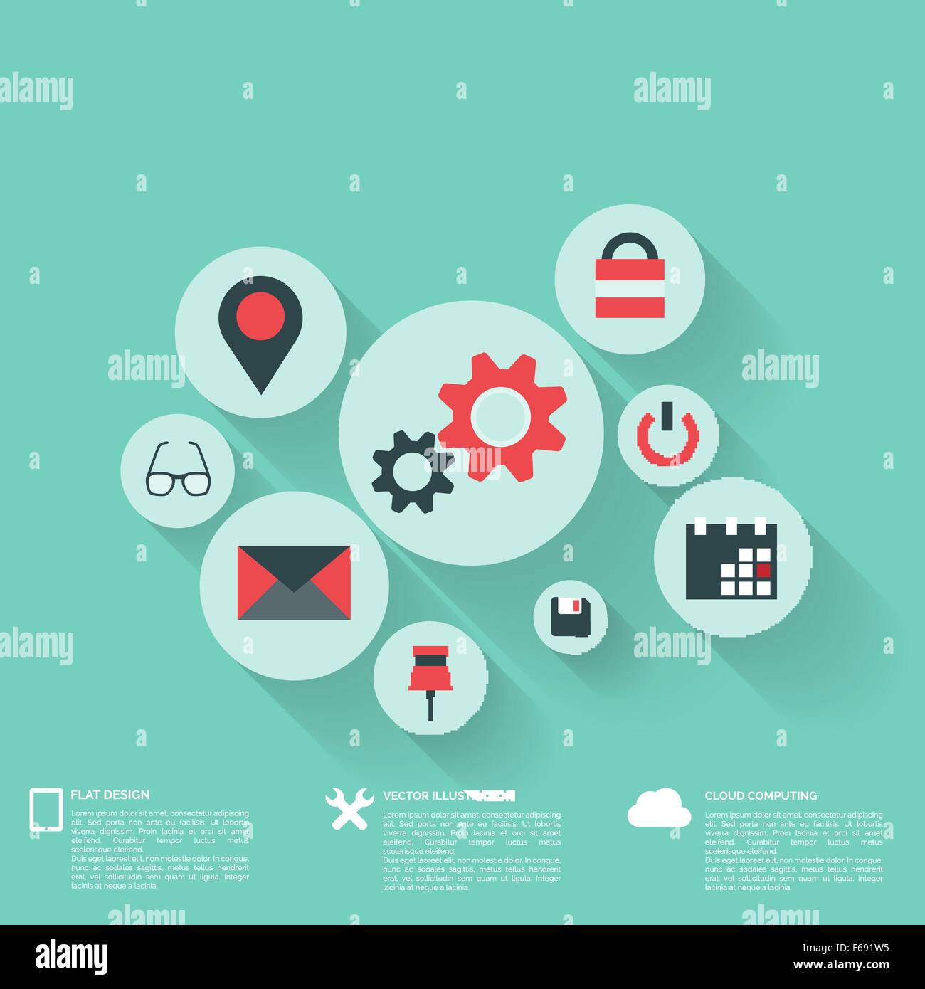 Flat abstract background with web icons. Interface symbols. Cloud computing. Mobile devices ...