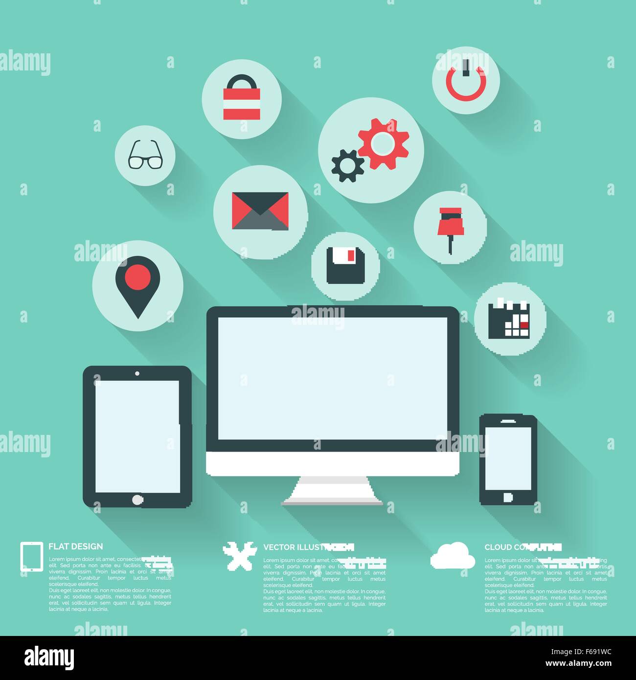 Flat abstract background with web icons. Interface symbols. Cloud computing. Mobile devices ...