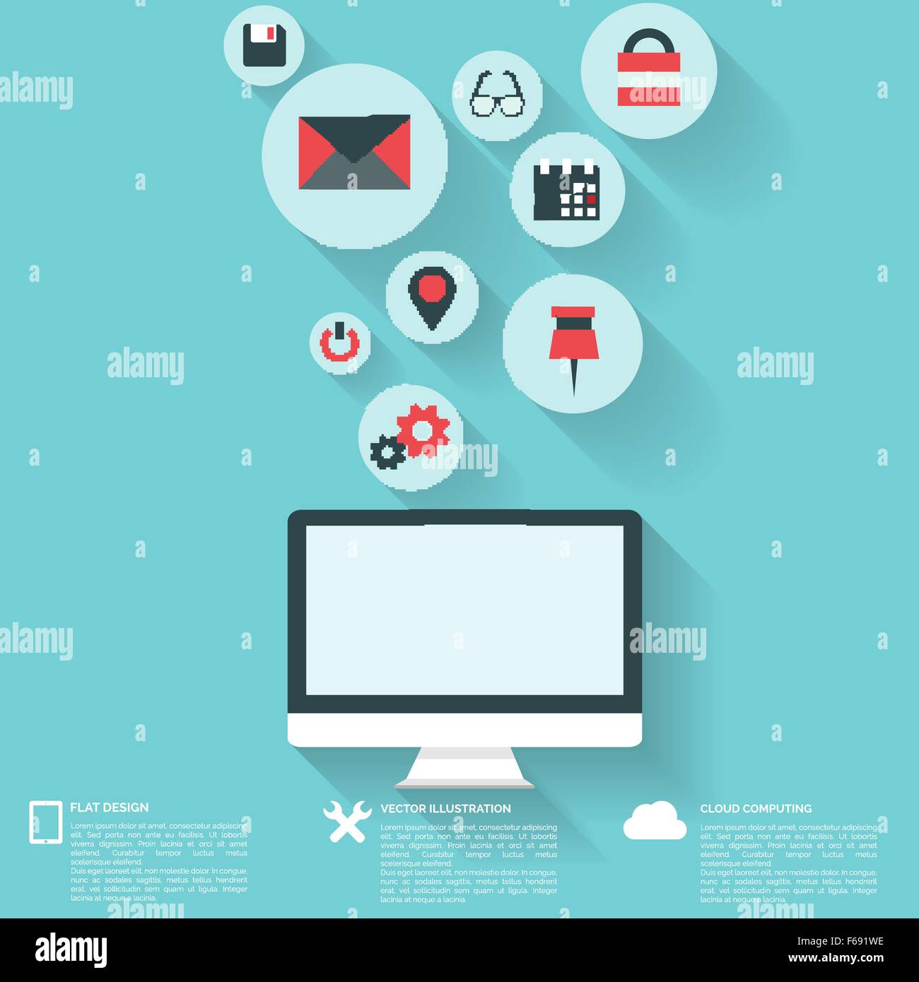 Flat abstract background with web icons. Interface symbols. Cloud computing. Mobile devices ...