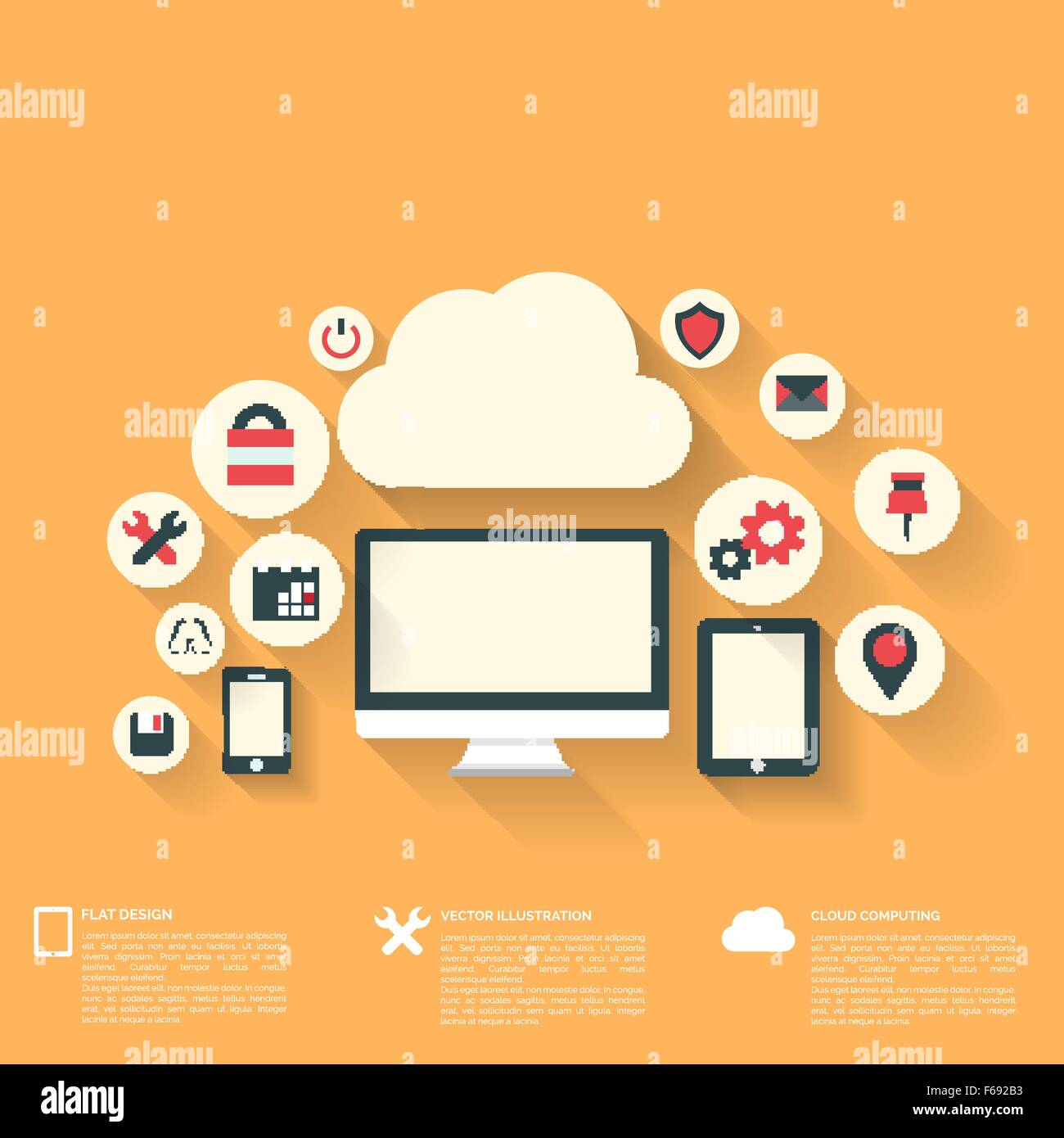 Flat abstract background with web icons. Interface symbols. Cloud computing. Mobile devices ...