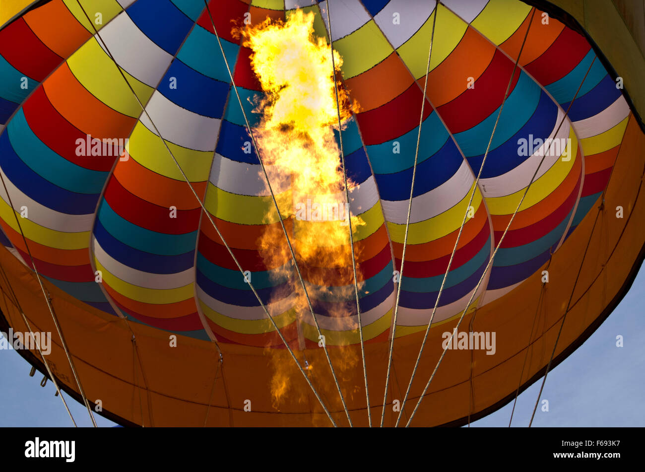 Flames shoot up into balloon readying it to go up Stock Photo - Alamy