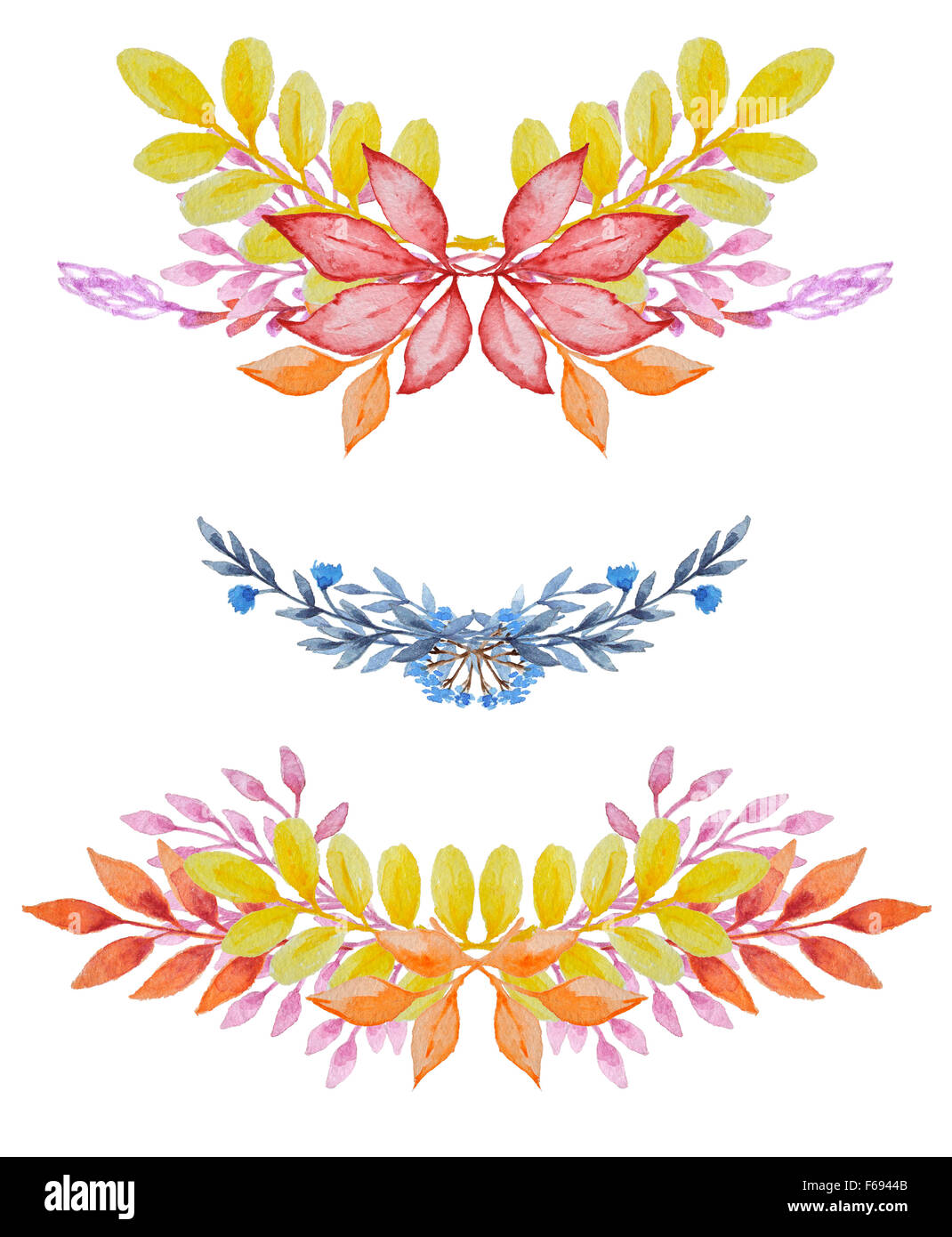 Hand drawn watercolor posies with flowers and autumn leaves Stock Photo ...