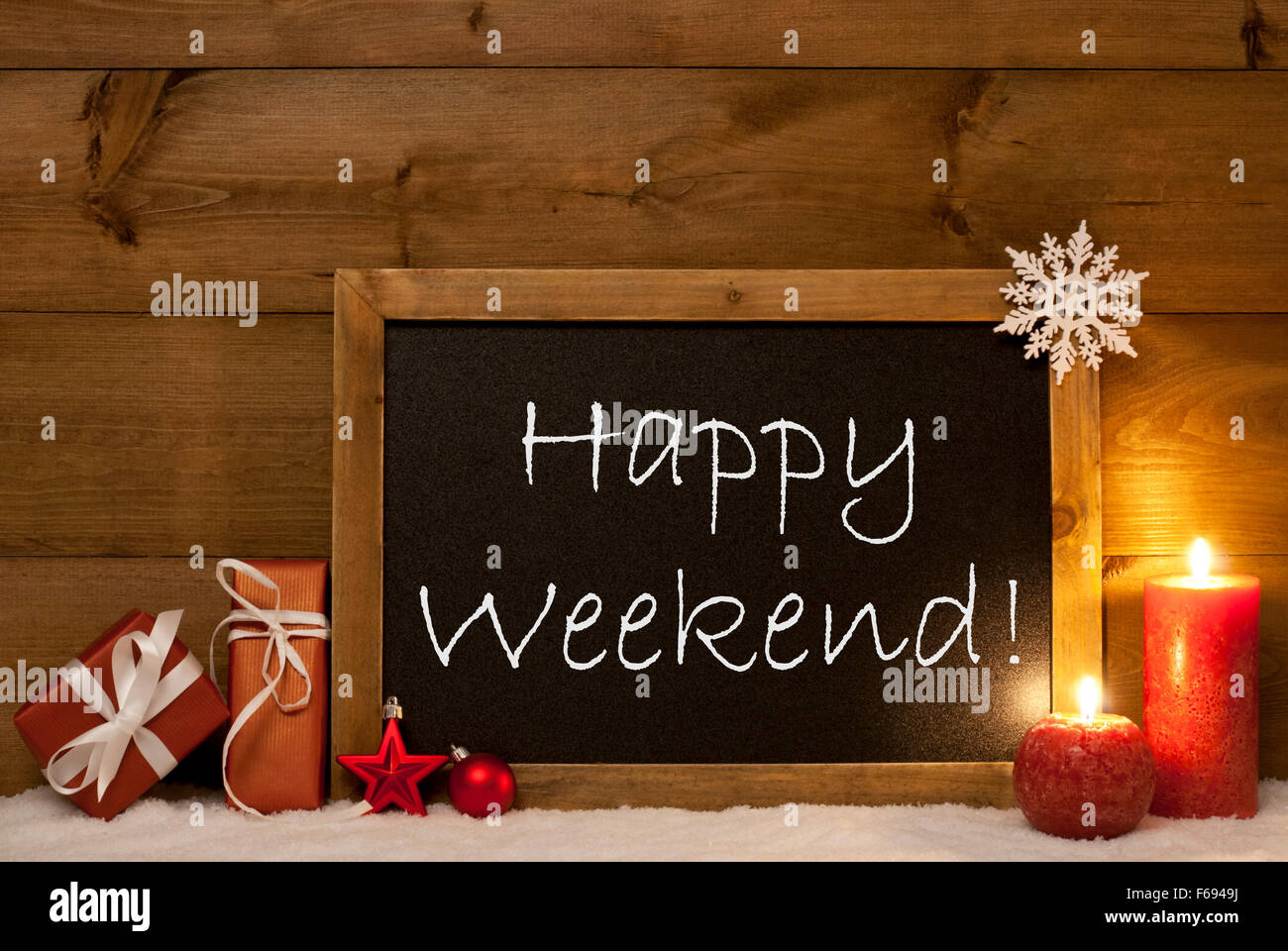 Festive Christmas Card, Blackboard, Snow, Candles, Happy Weekend Stock ...